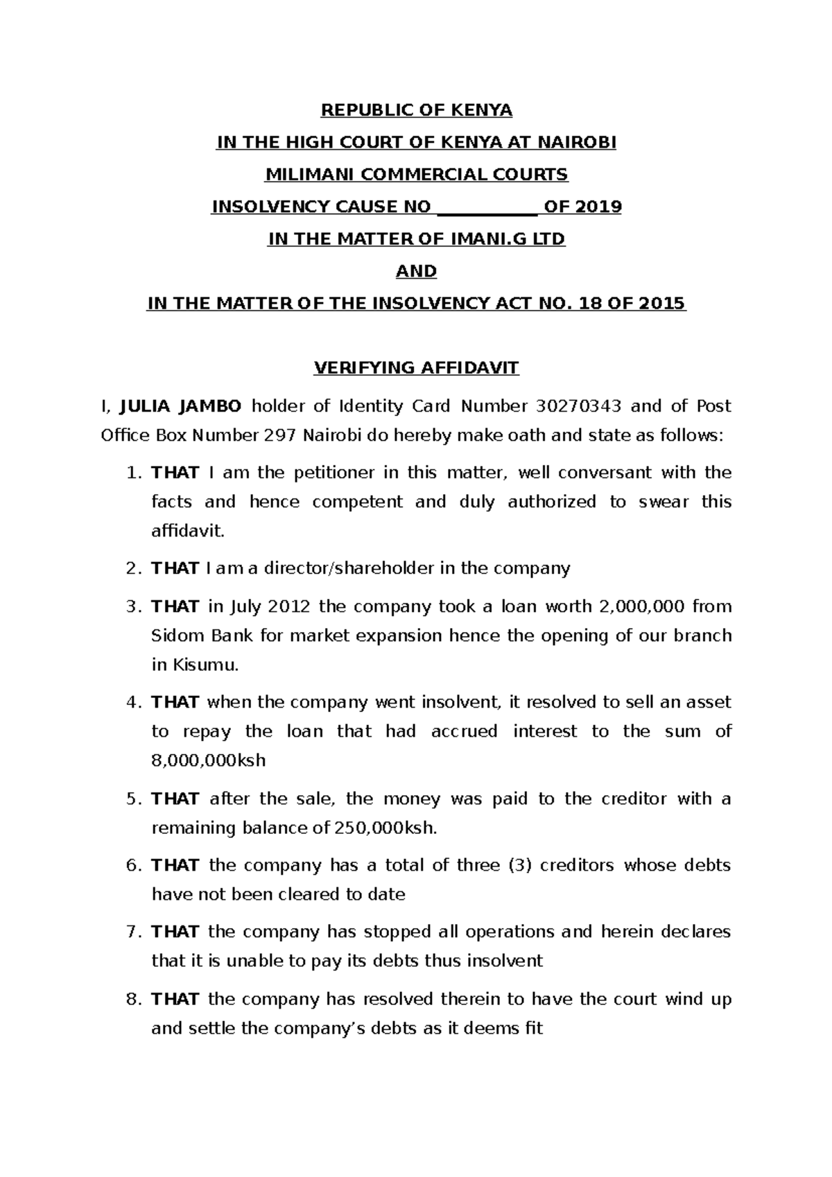 Affidavit for liquidation - REPUBLIC OF KENYA IN THE HIGH COURT OF ...