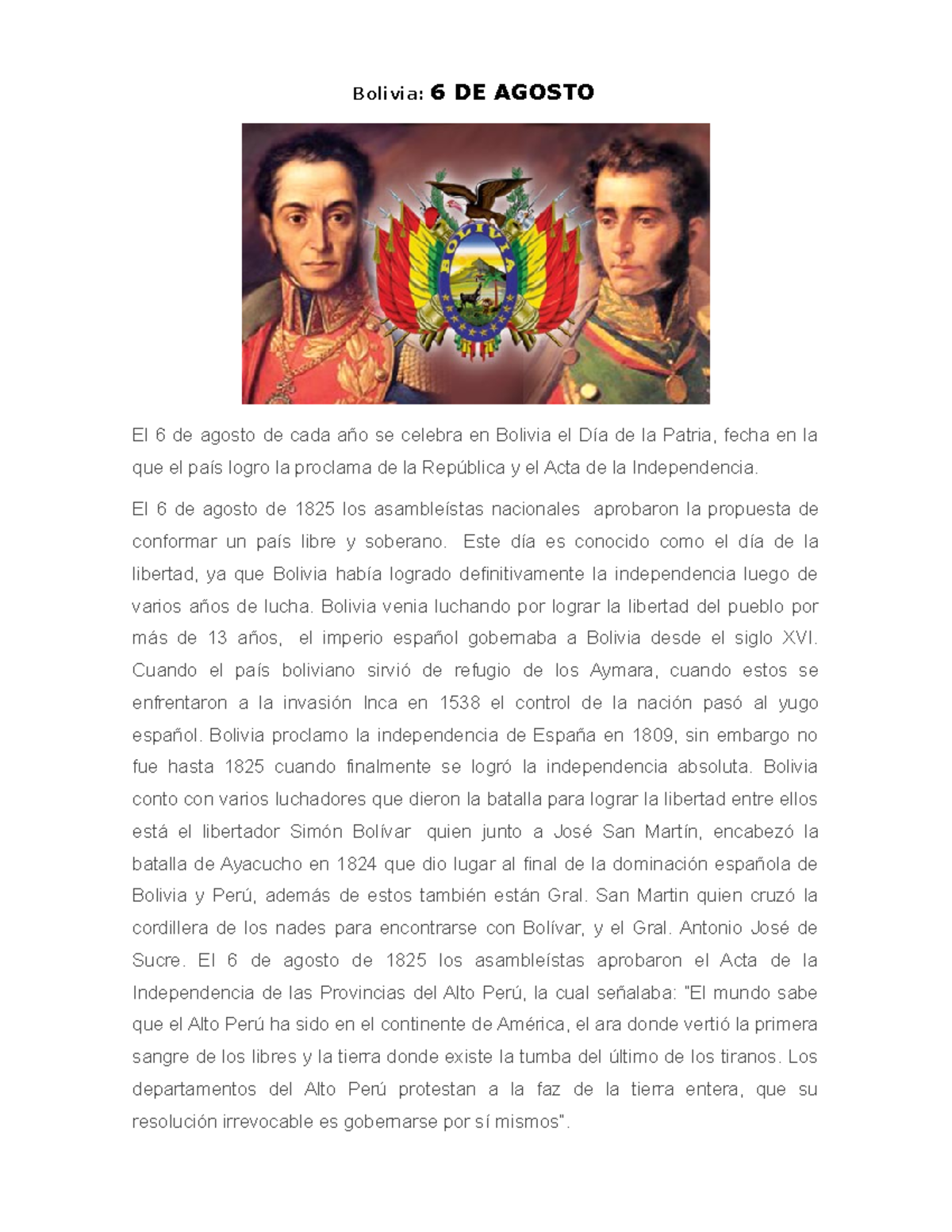 EL 6 DE Agosto-simbolos - Bolivia: 6 DE AGOSTO El 6 de agosto de cada ...