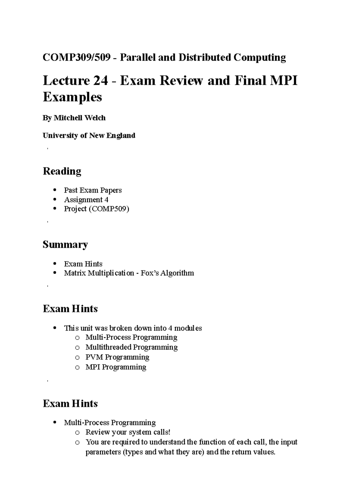 COMP309 2016 Lecture 24 - Exam Review and Final MPI Examples - COMP309 ...