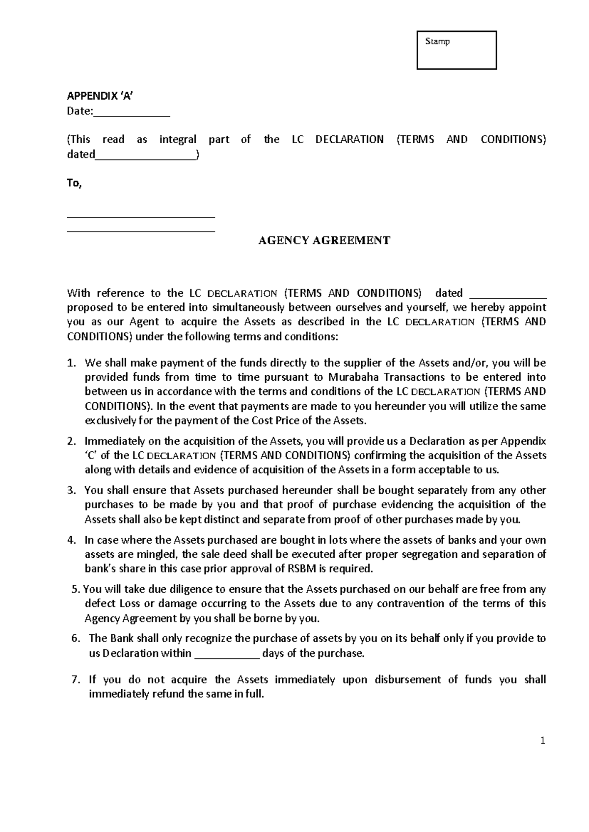 Agency Agreement - 1 APPENDIX ‘A’ Date:_____________ (This read as ...