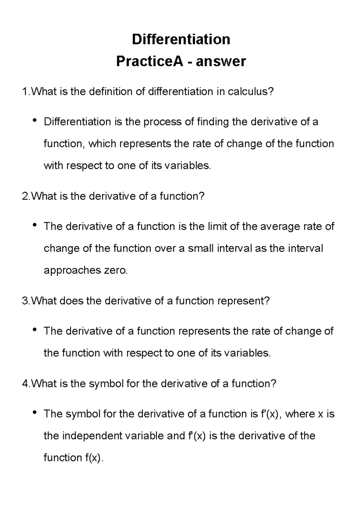 Differentiation Practice A - answer - Differentiation PracticeA - answer 1 is the definition of ...