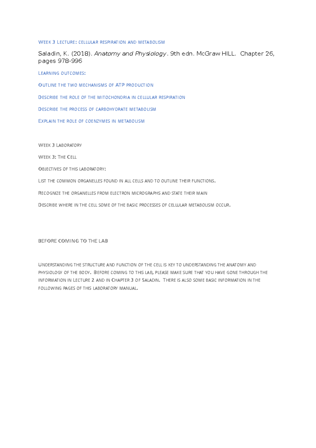 Week 3 Lecture Notes 1 - .... - WEEK 3 LECTURE: CELLULAR RESPIRATION ...