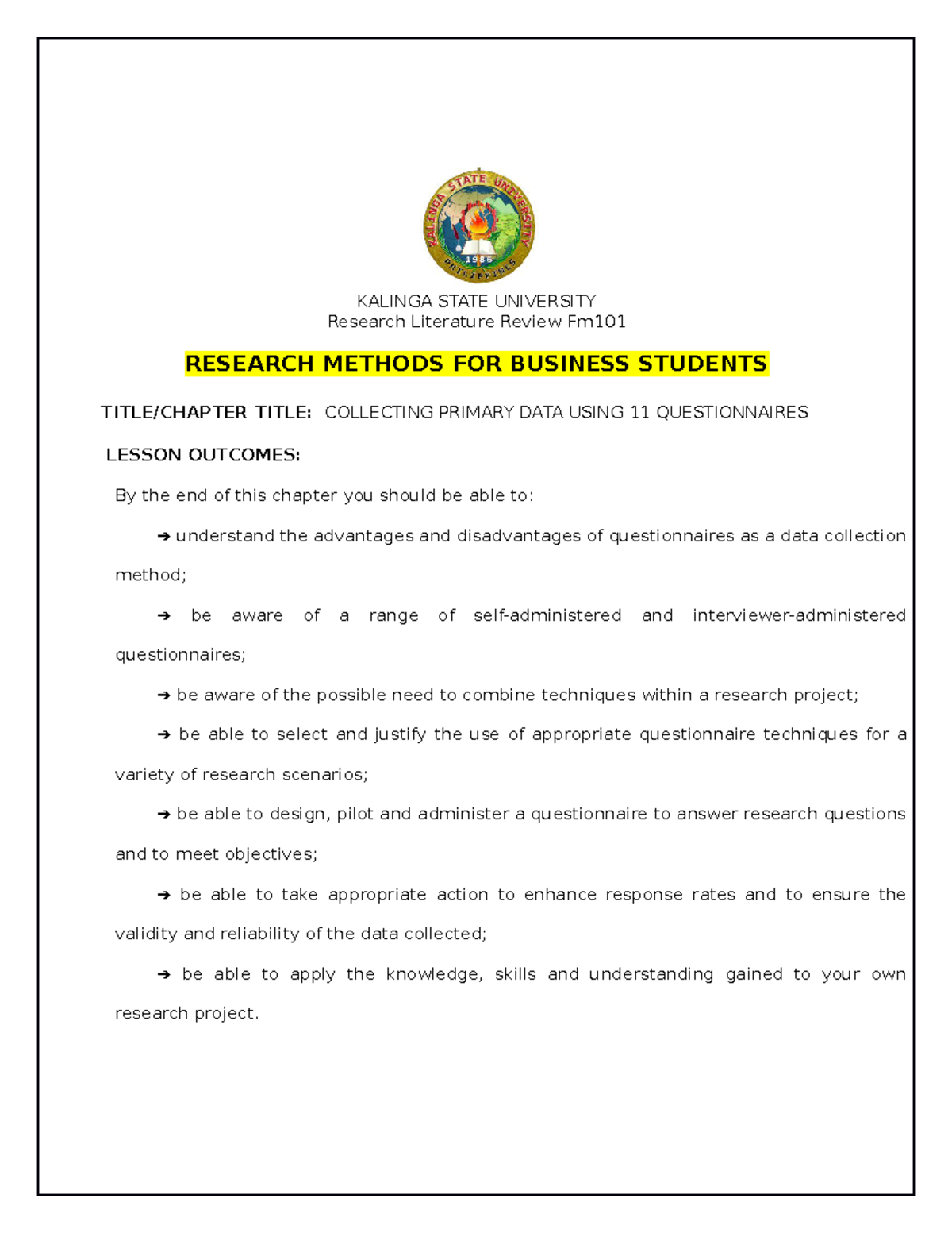 Collecting Primary DATA Using 11 Questionnaires - KALINGA STATE ...