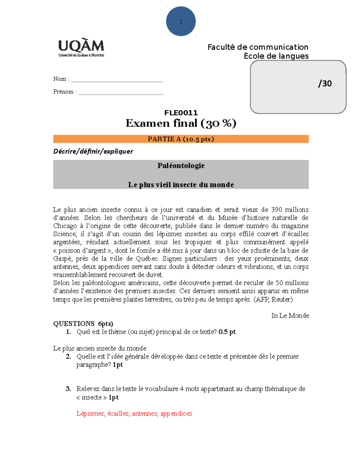 21Examen final FLE 0011 A20 - Faculté de communication École de langues ...