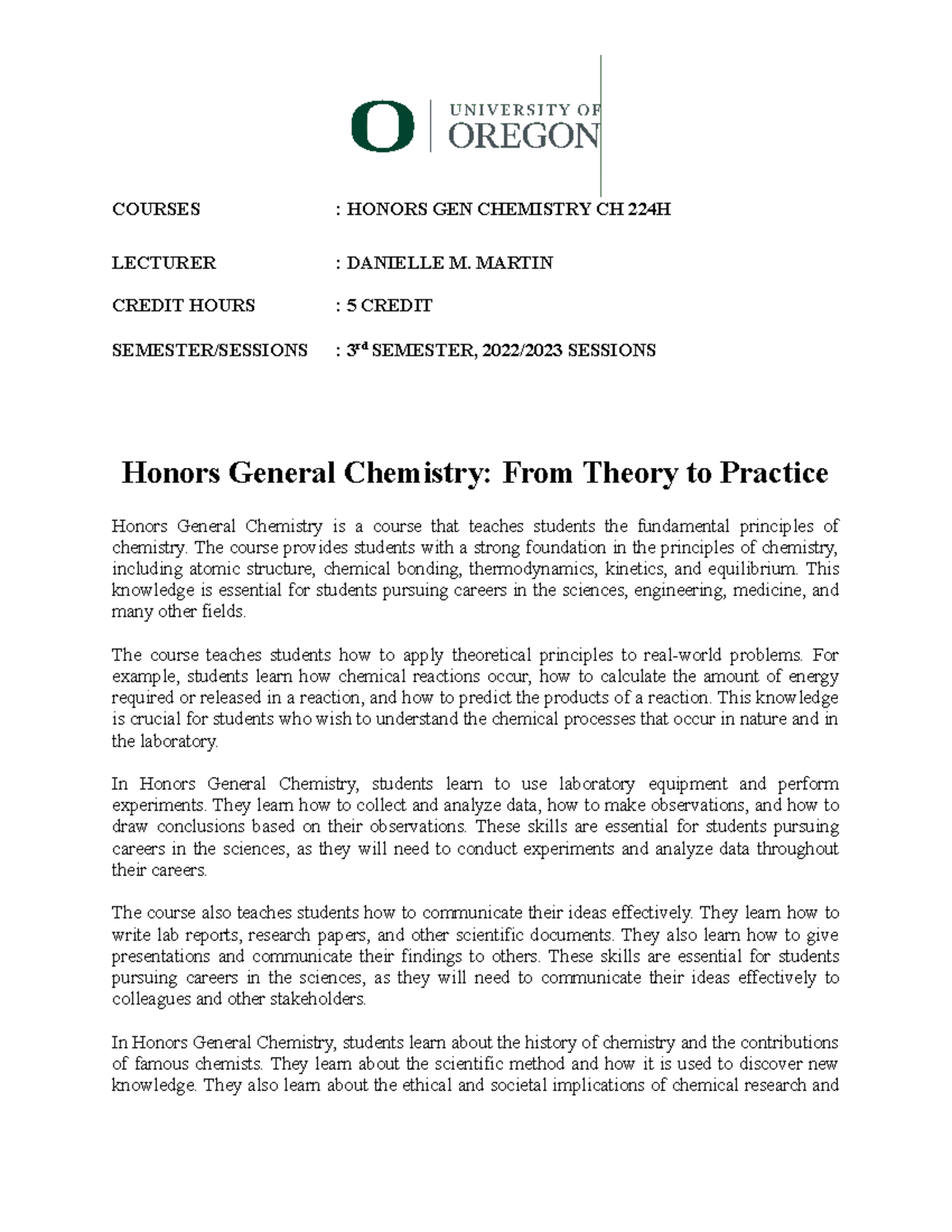 Honors General Chemistry - From Theory to Practice - COURSES : HONORS ...