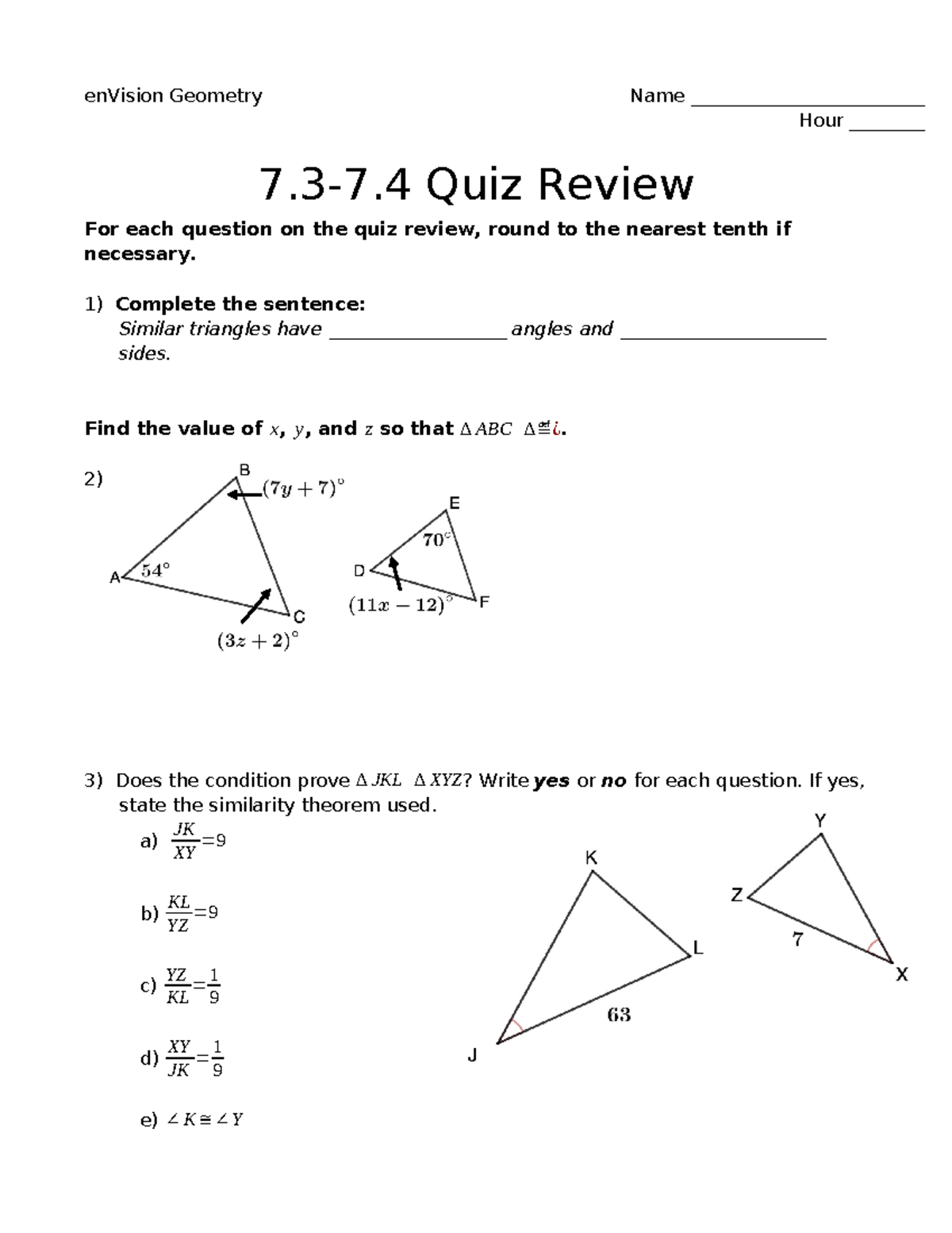 7.3-7.4 Quiz Review - zxc - enVision Geometry Name ...