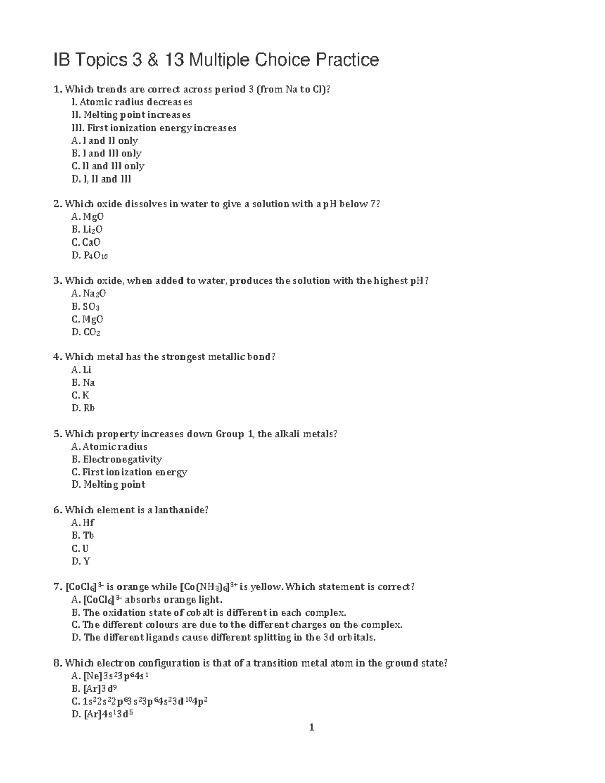 Topic 3 13 mc practice - IB Topics 3 & 13 Multiple Choice Practice 1 ...