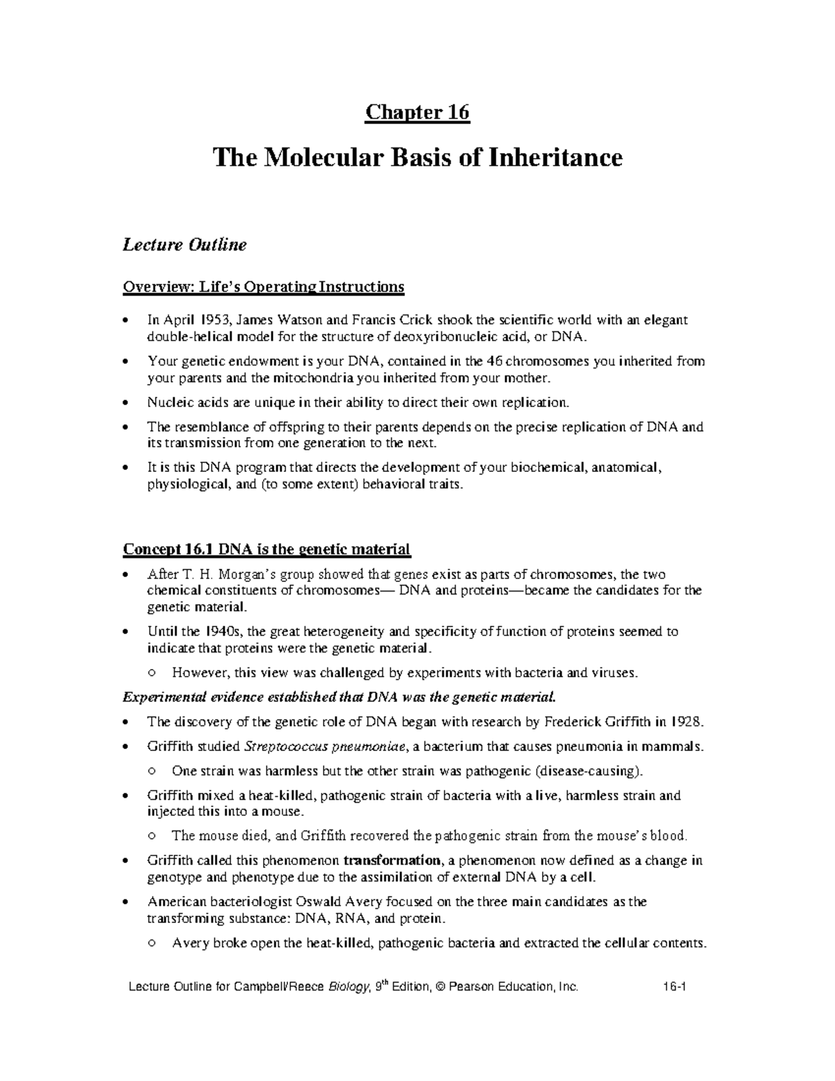 Chapter 16 bio notes - Chapter 16 The Molecular Basis of Inheritance ...