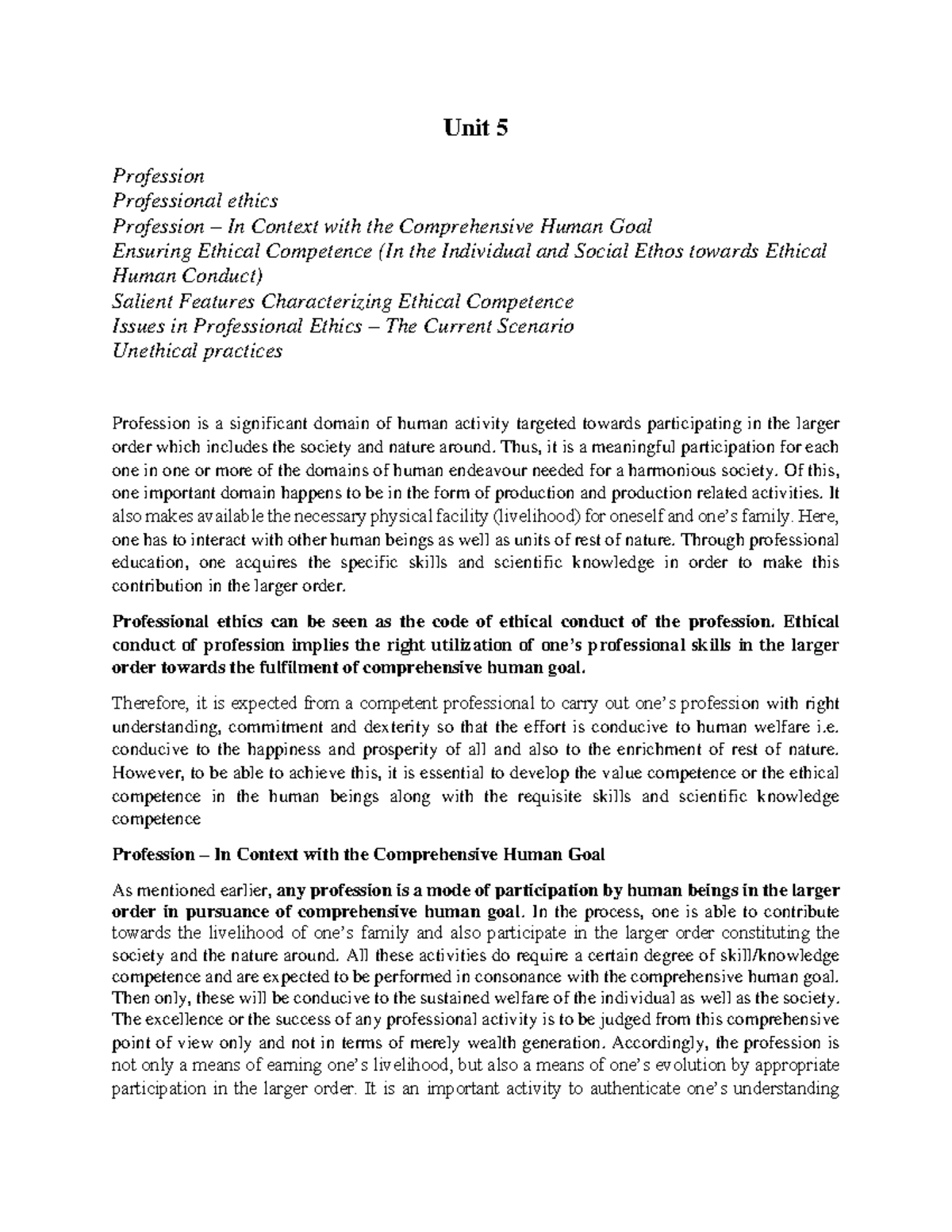 #Unit 5 Profession, Professional Ethics, Profession with comprehensive ...