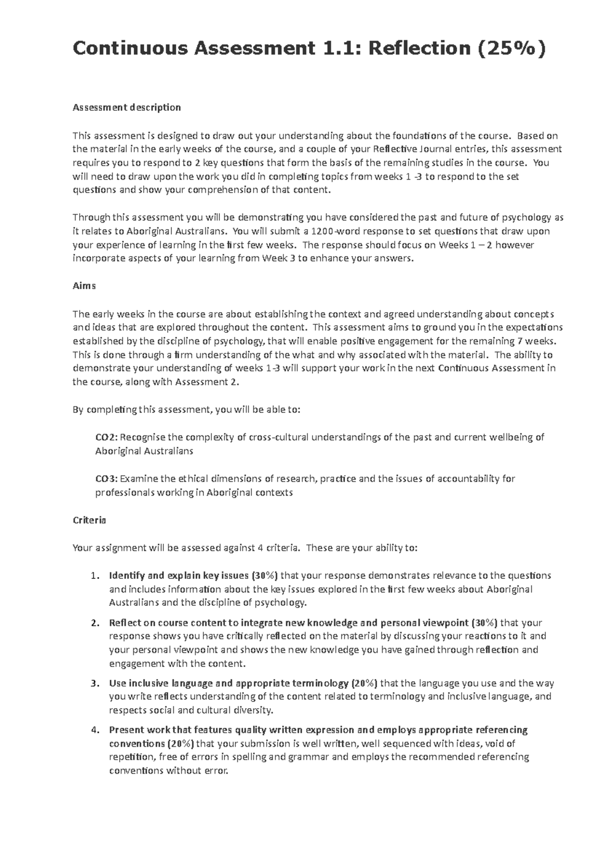 Continuous Assessment 1 - Based on the material in the early weeks of ...