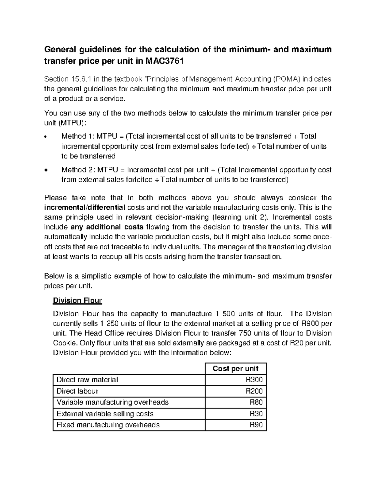 General guidelines for the calculation of min and max transfer prices ...