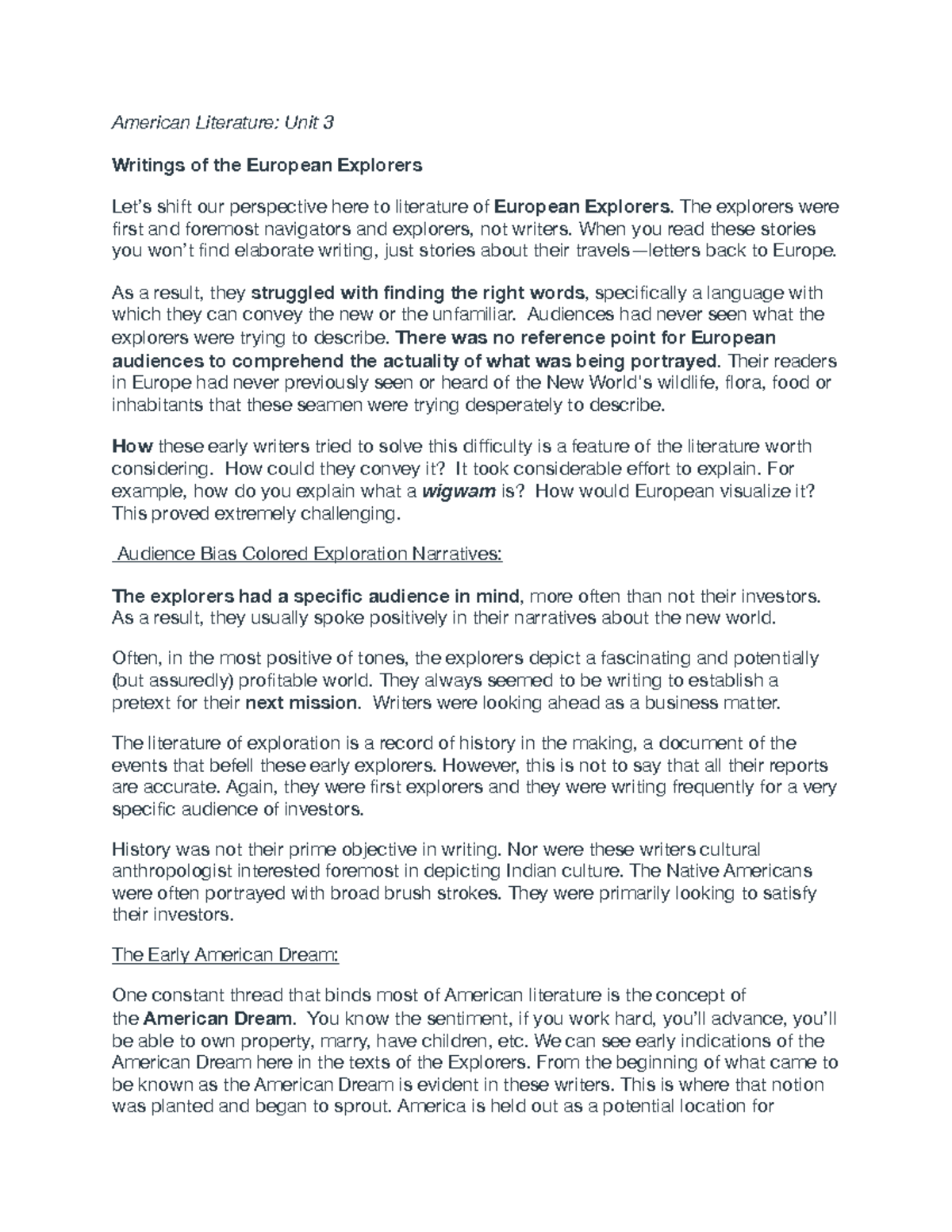Am lit 3 - European Explorers American Literature Class Notes ...
