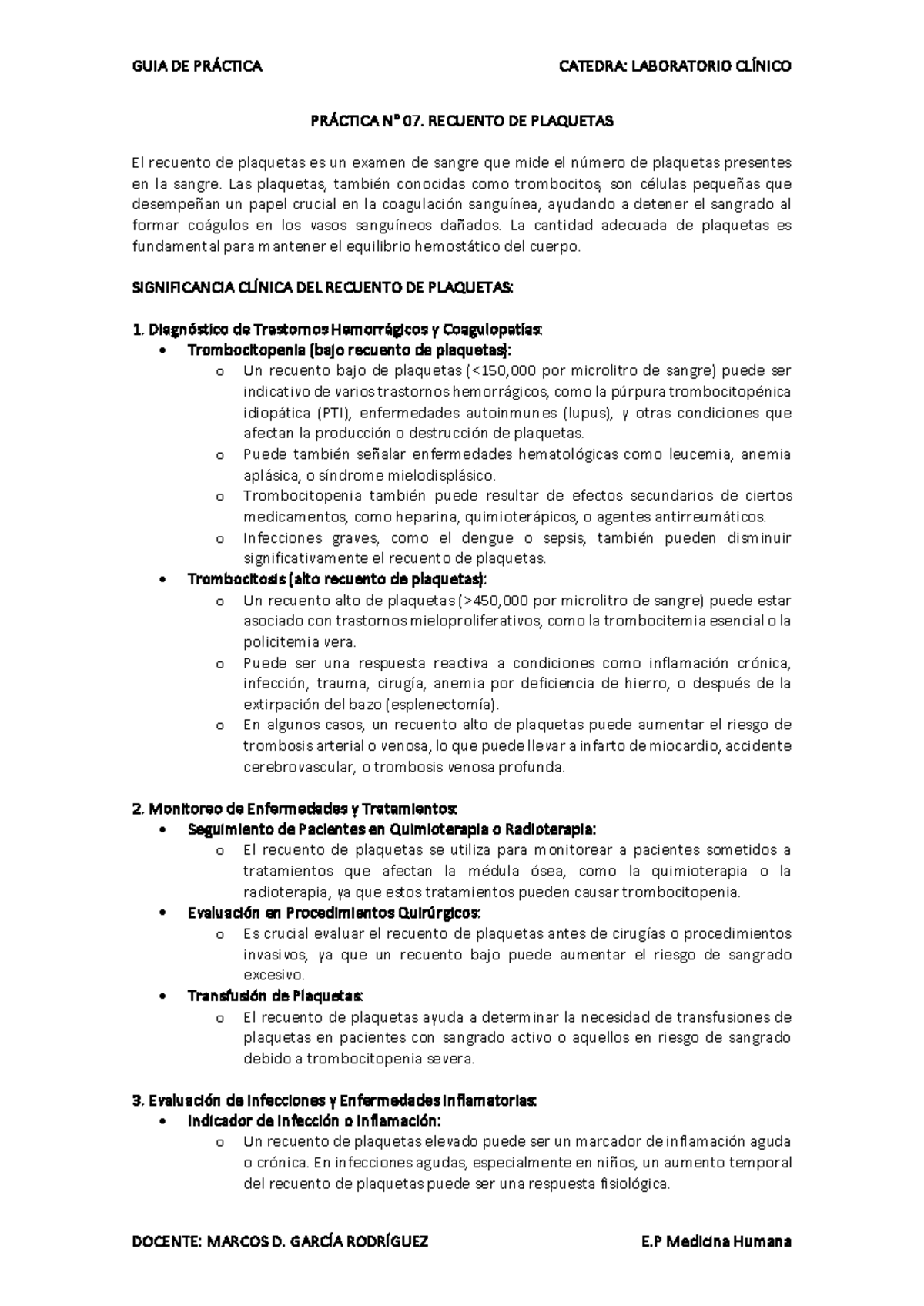 Práctica N 7 Recuento DE Plaquetas - PRÁCTICA N° 0 7. RECUENTO DE ...