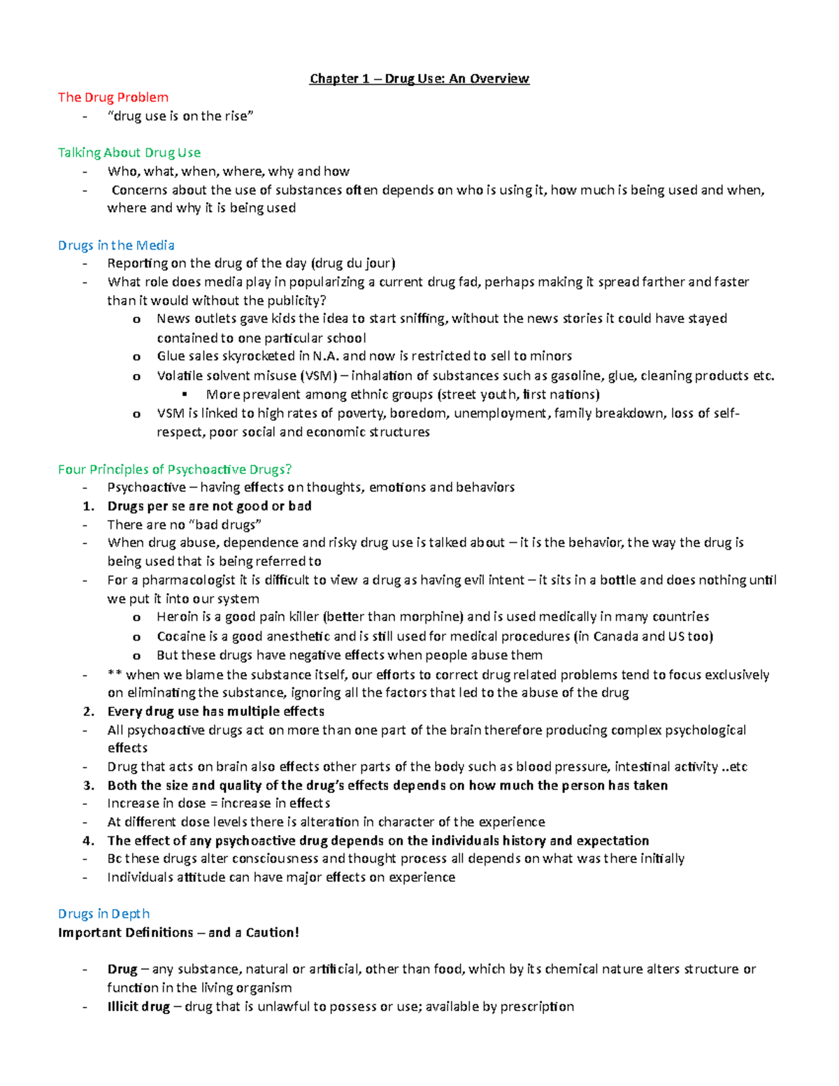 Drugs and Behavior Notes chapter 1-5 - Chapter 1 – Drug Use: An ...