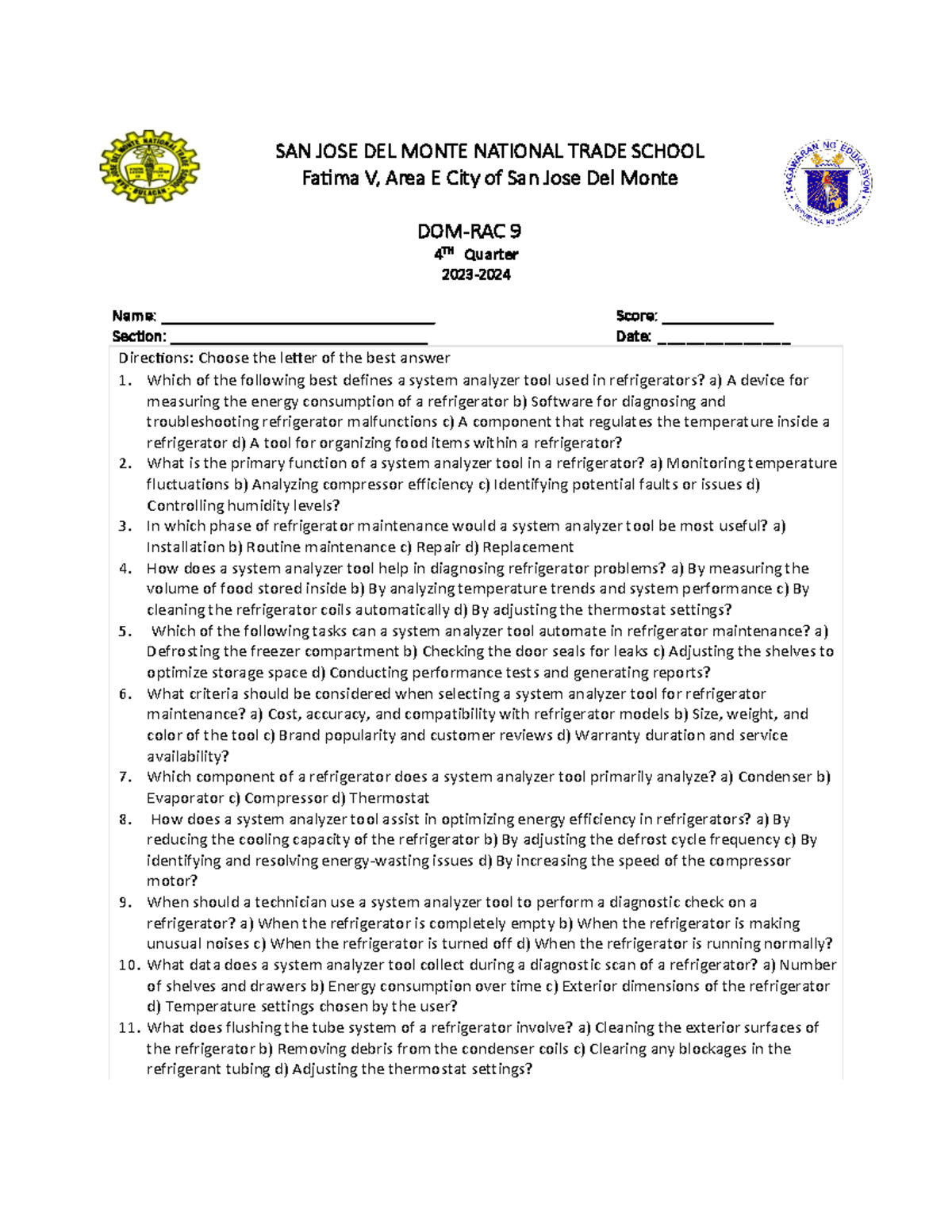 Domrac 9 Q4 Assessment - SAN JOSE DEL MONTE NATIONAL TRADE SCHOOL ...