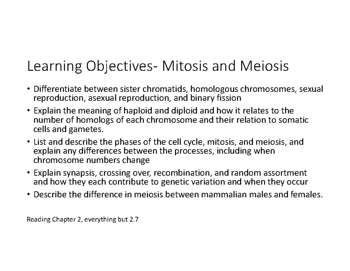 Notes genetics section 2 (Mitosis & Meiosis) - Learning Objectives ...