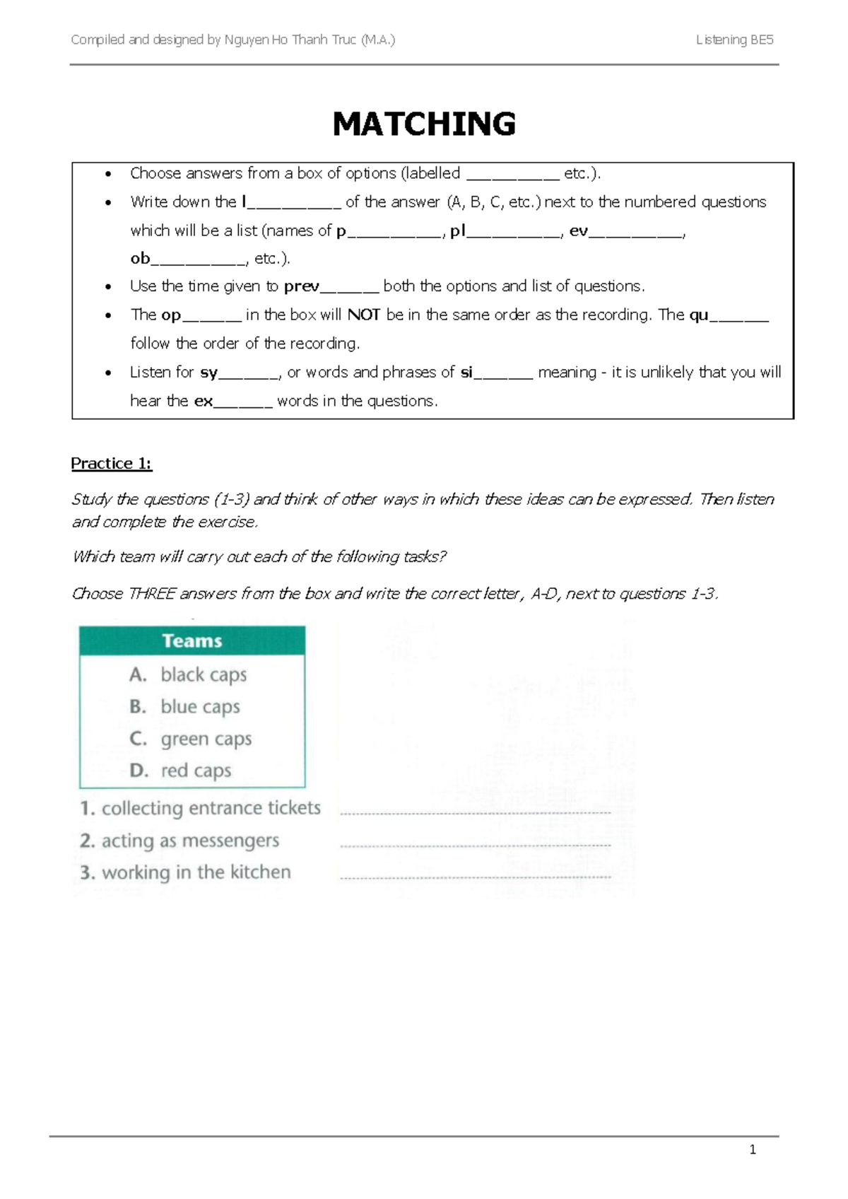 Listening BE5 - Matching - Compiled and designed by Nguyen Ho Thanh ...