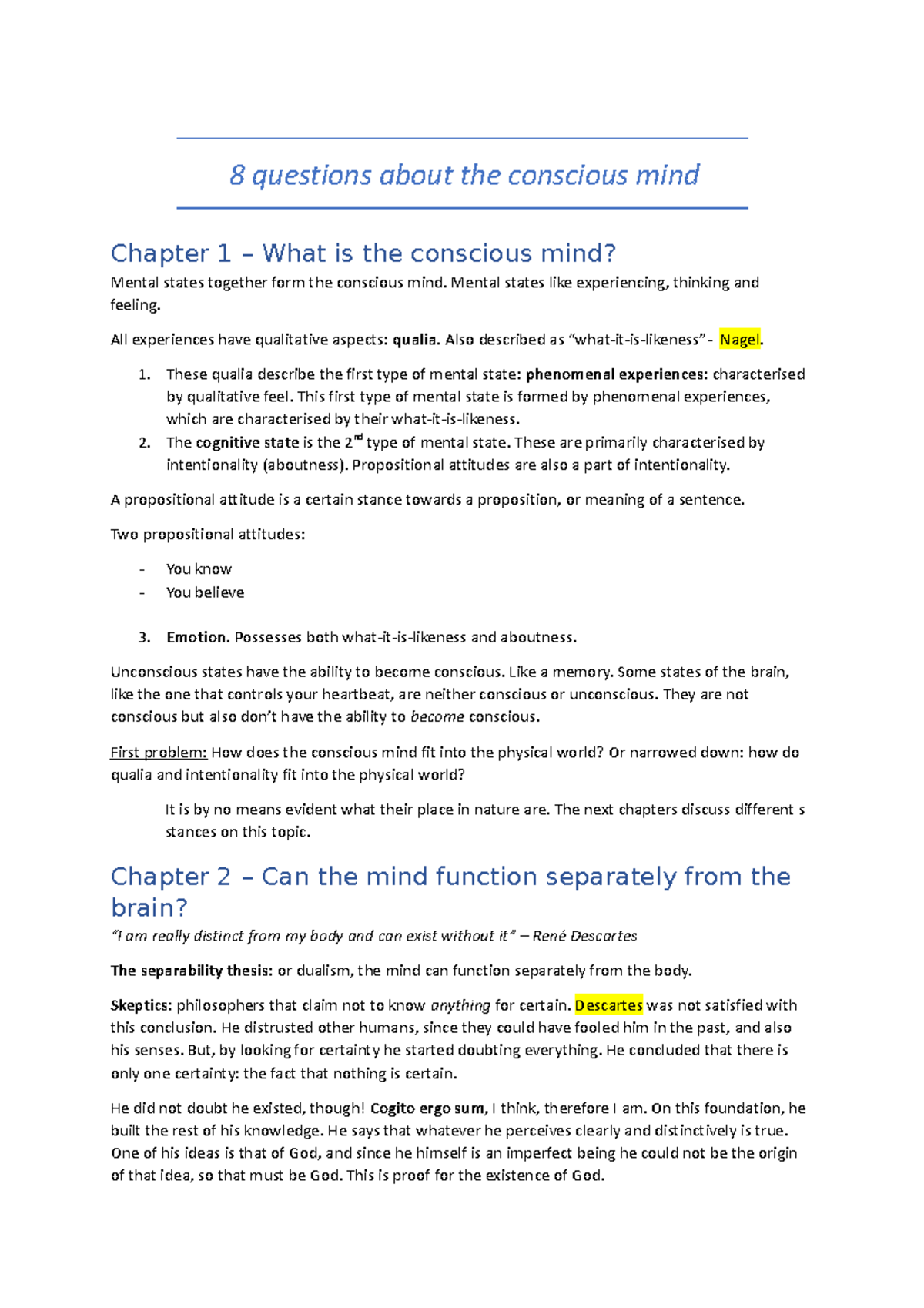 8 Questions summary - 8 questions about the conscious mind Chapter 1 ...