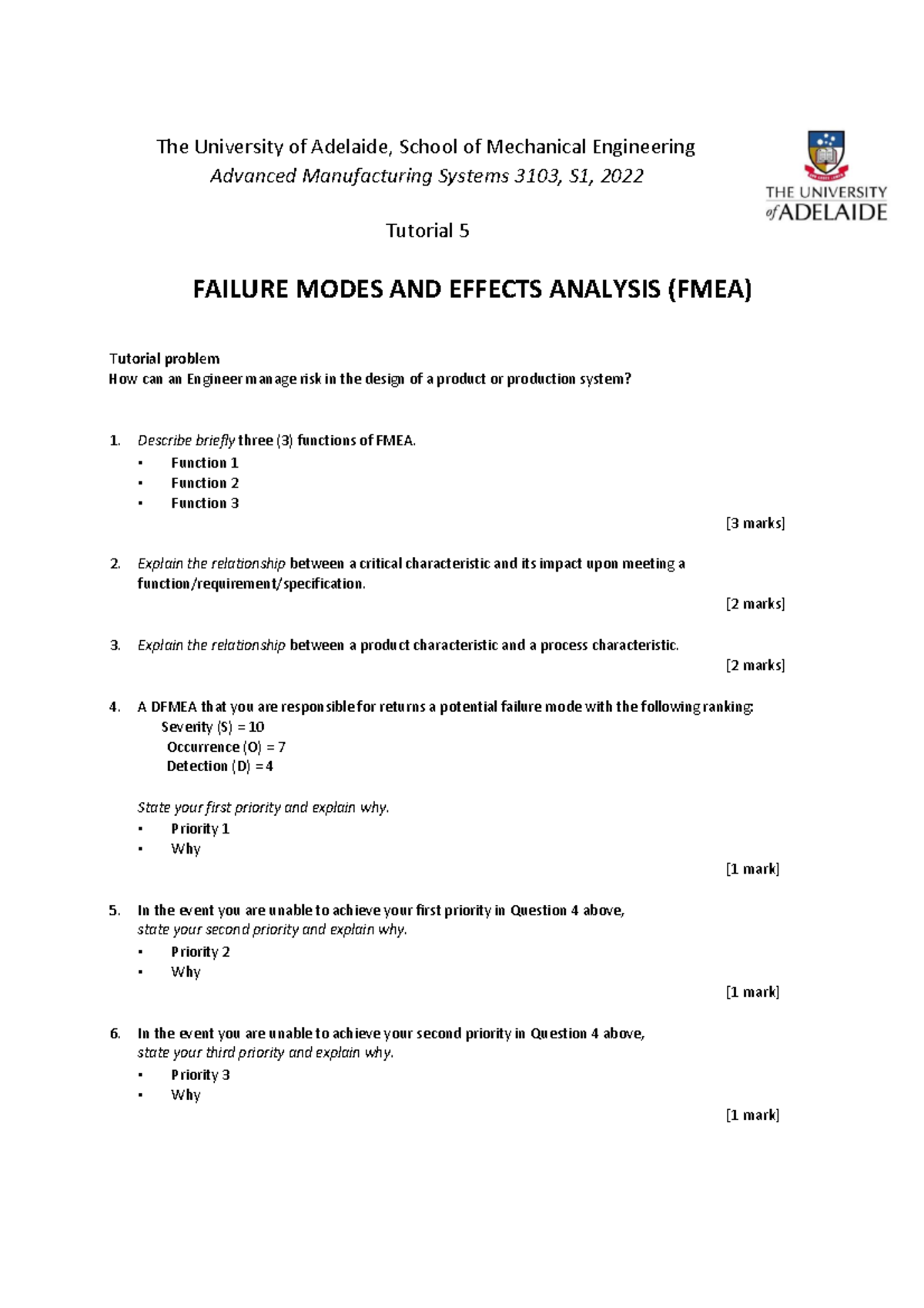 Tutorial 5 (Failure Modes and Effects Analysis) 2022 - The University ...