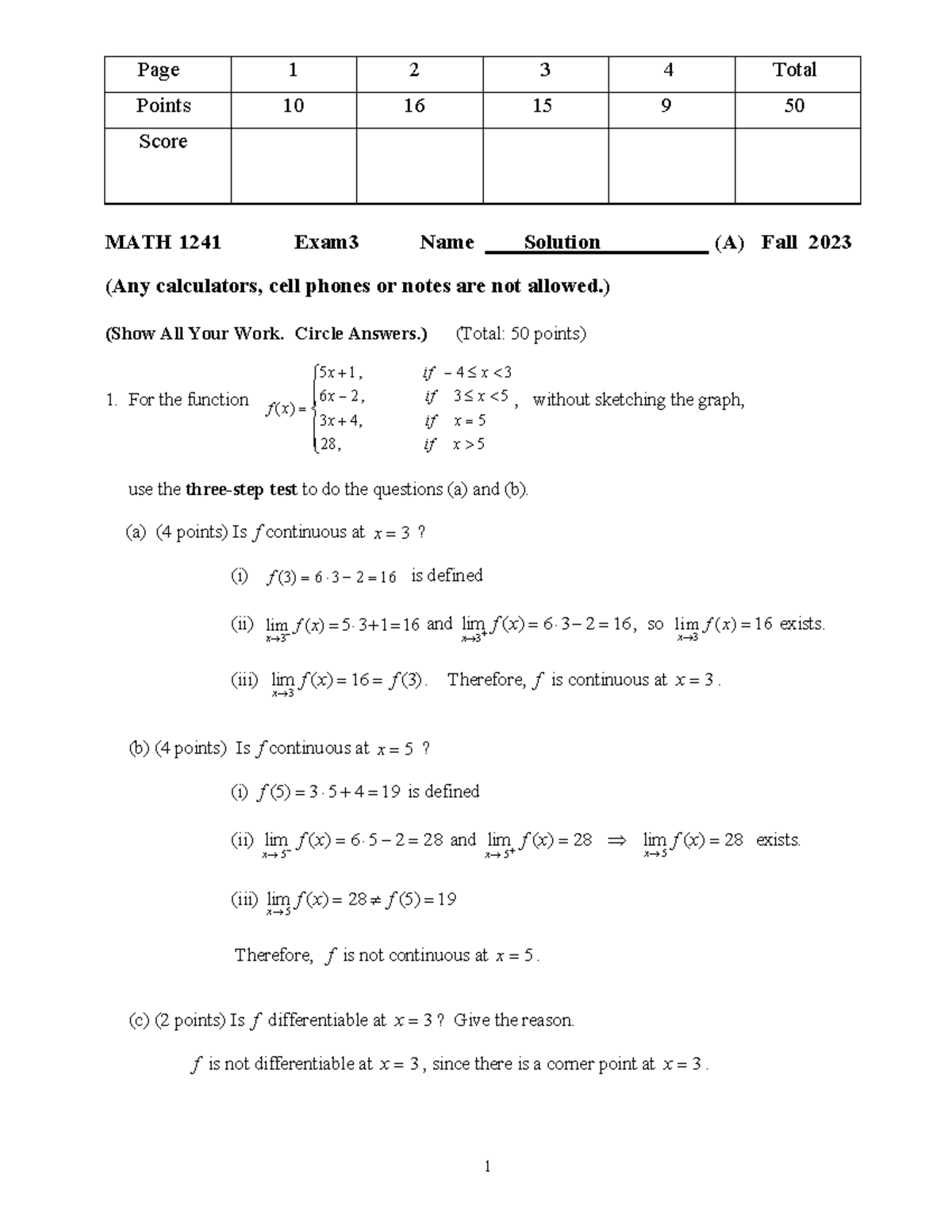 Sol-Exam3A - practice - Page 1 2 3 4 Total Points 10 16 15 9 50 Score ...