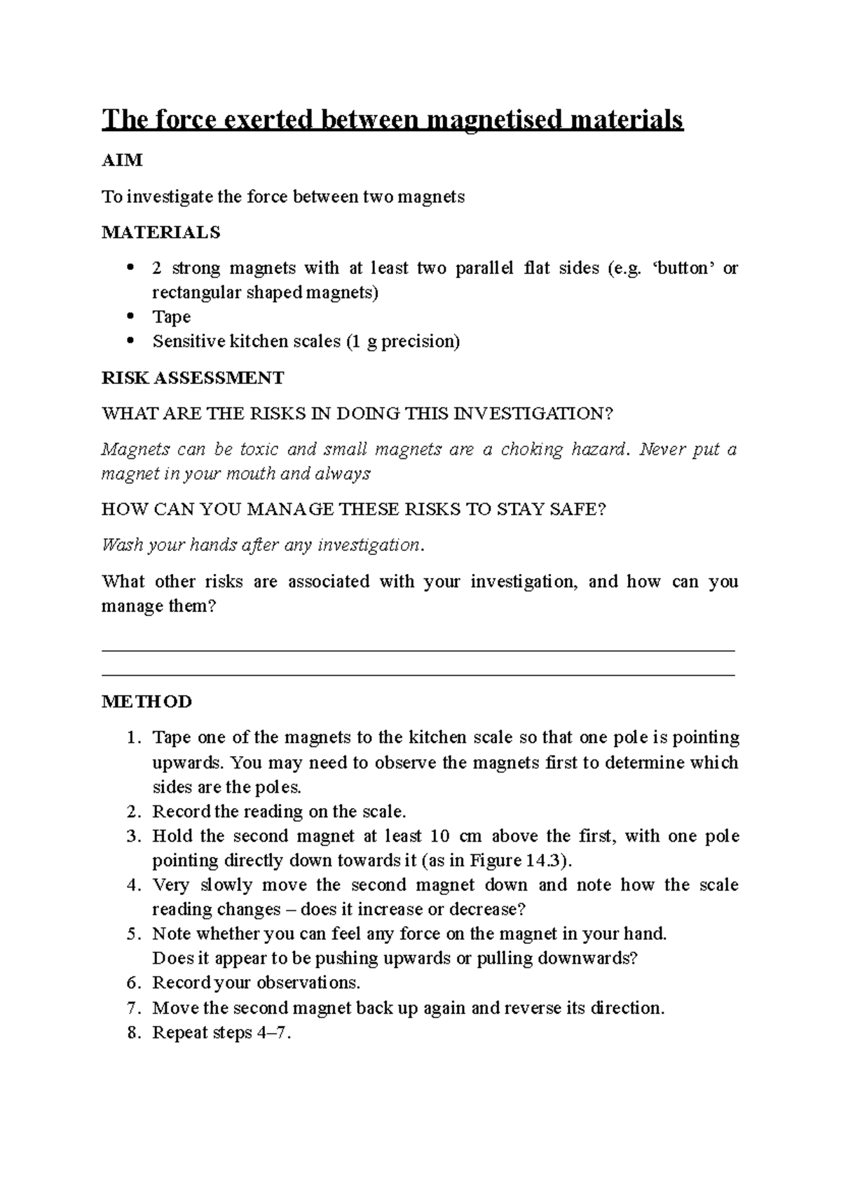 Force on a Magnet Experiment - The force exerted between magnetised ...