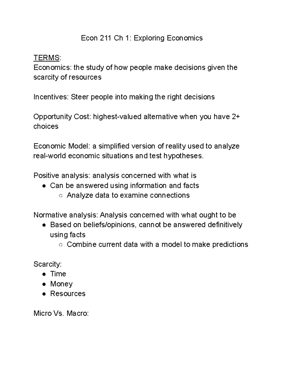 Econ 211 Ch 1 Notes - Econ 211 Ch 1: Exploring Economics TERMS ...