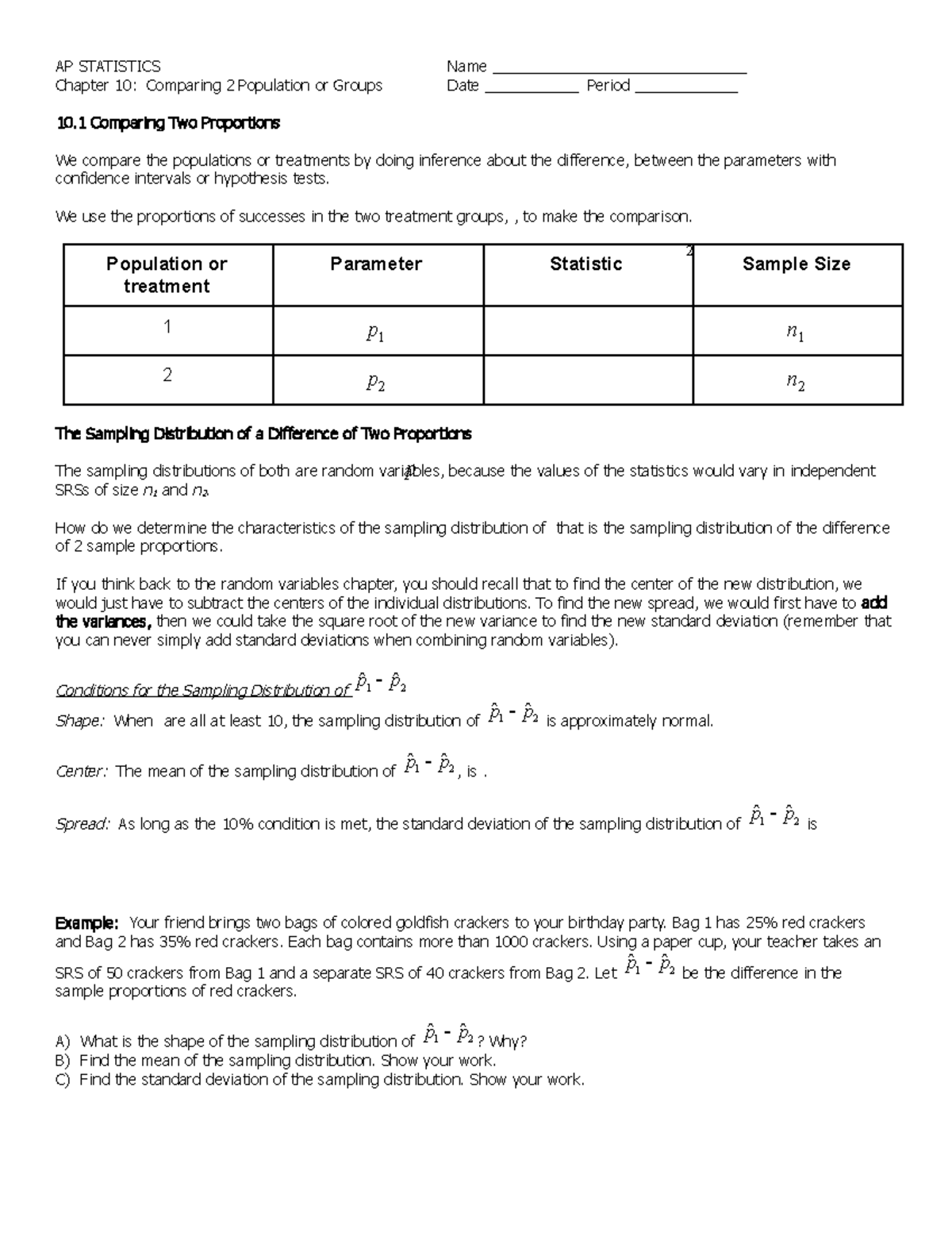 Chp10new - Essay. - AP STATISTICS Name ...