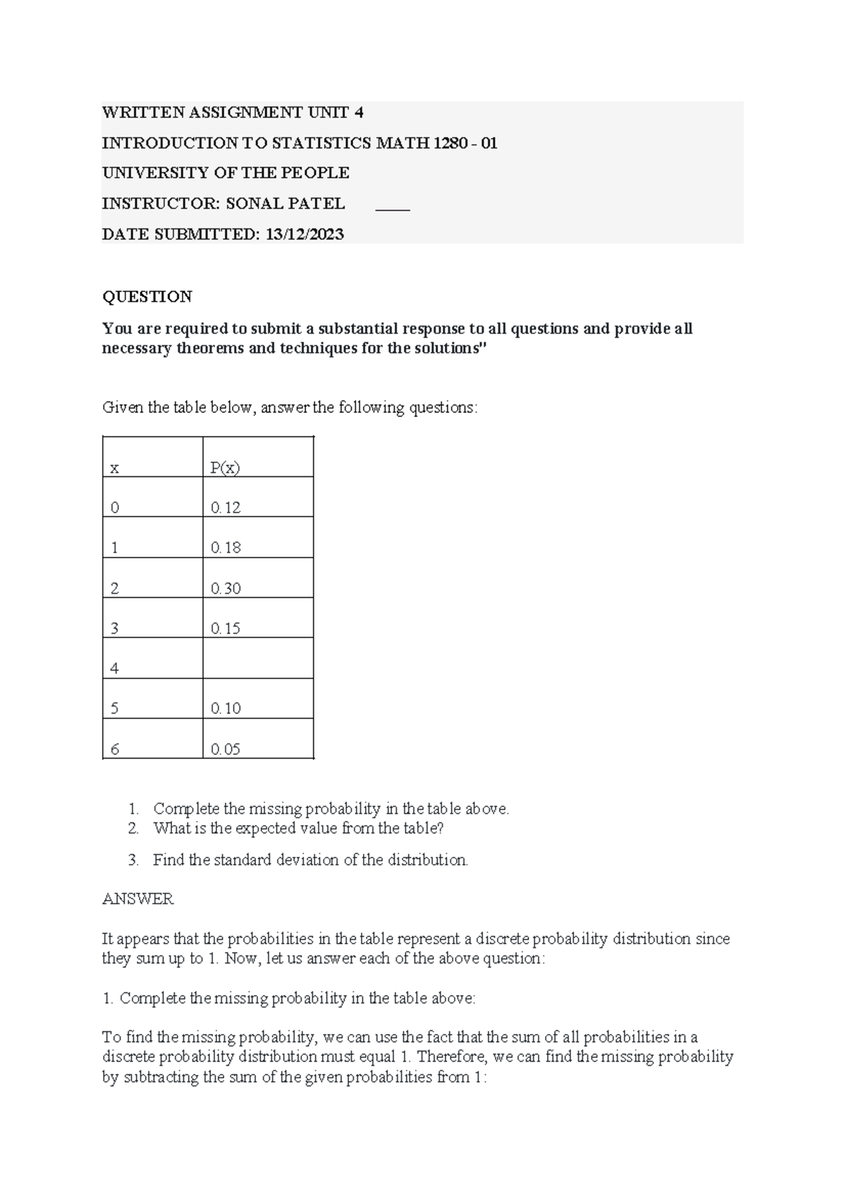 Written Assignment Unit 4 Math 1280 01 Written Assignment Unit 4