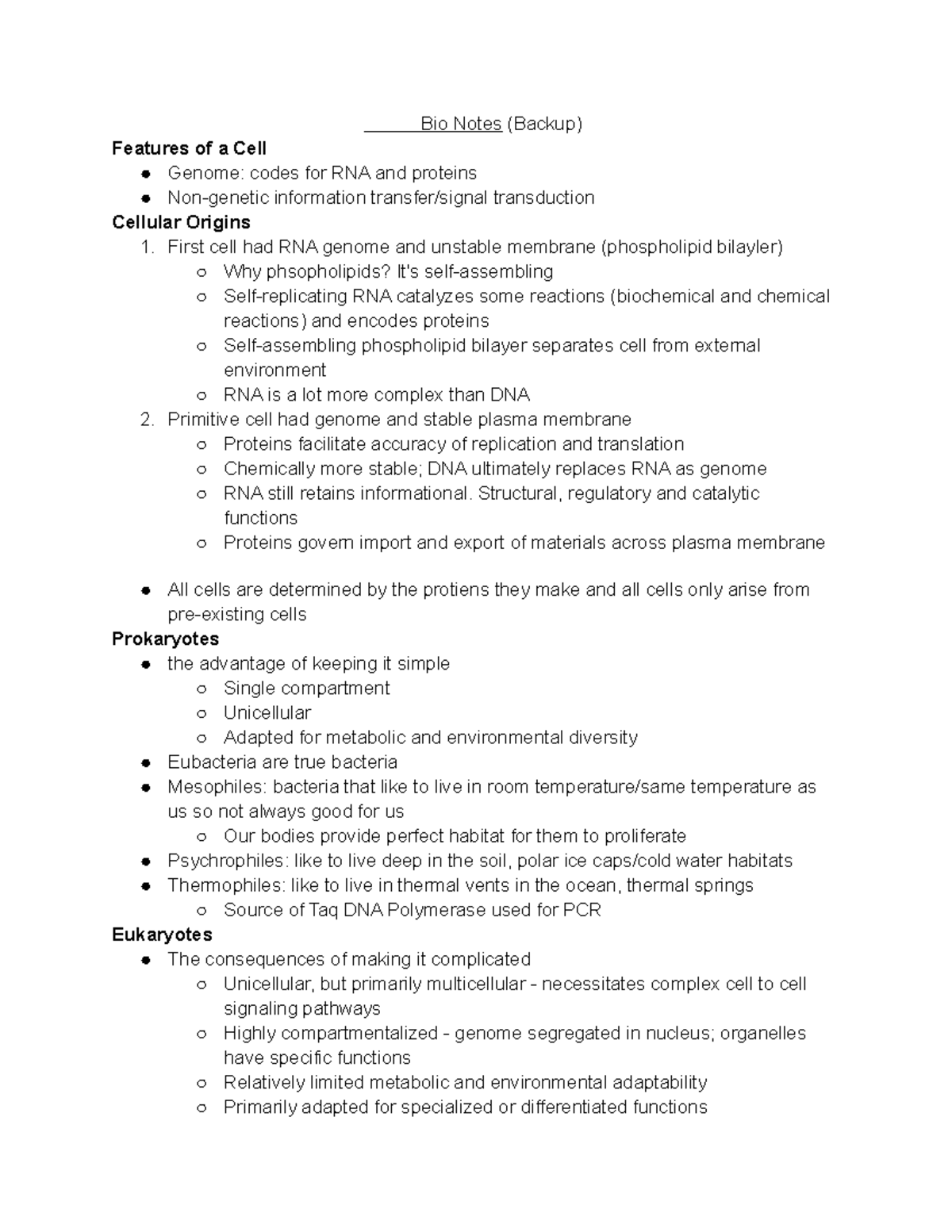 BIOL 3000 Lectures 1-13 - Bio Notes (Backup) Features of a Cell Genome ...