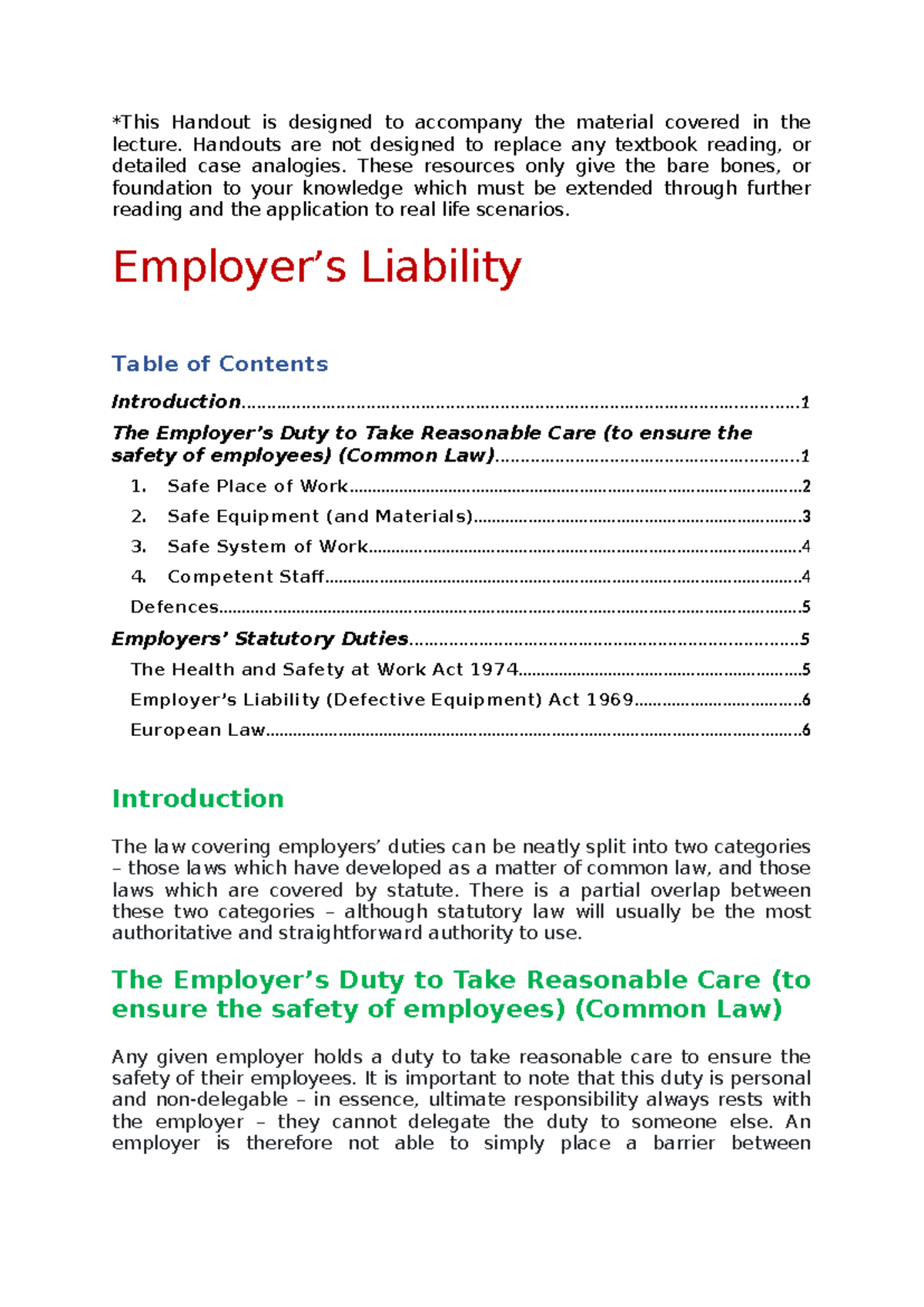 Employers' Liability Handout - *This Handout is designed to accompany ...