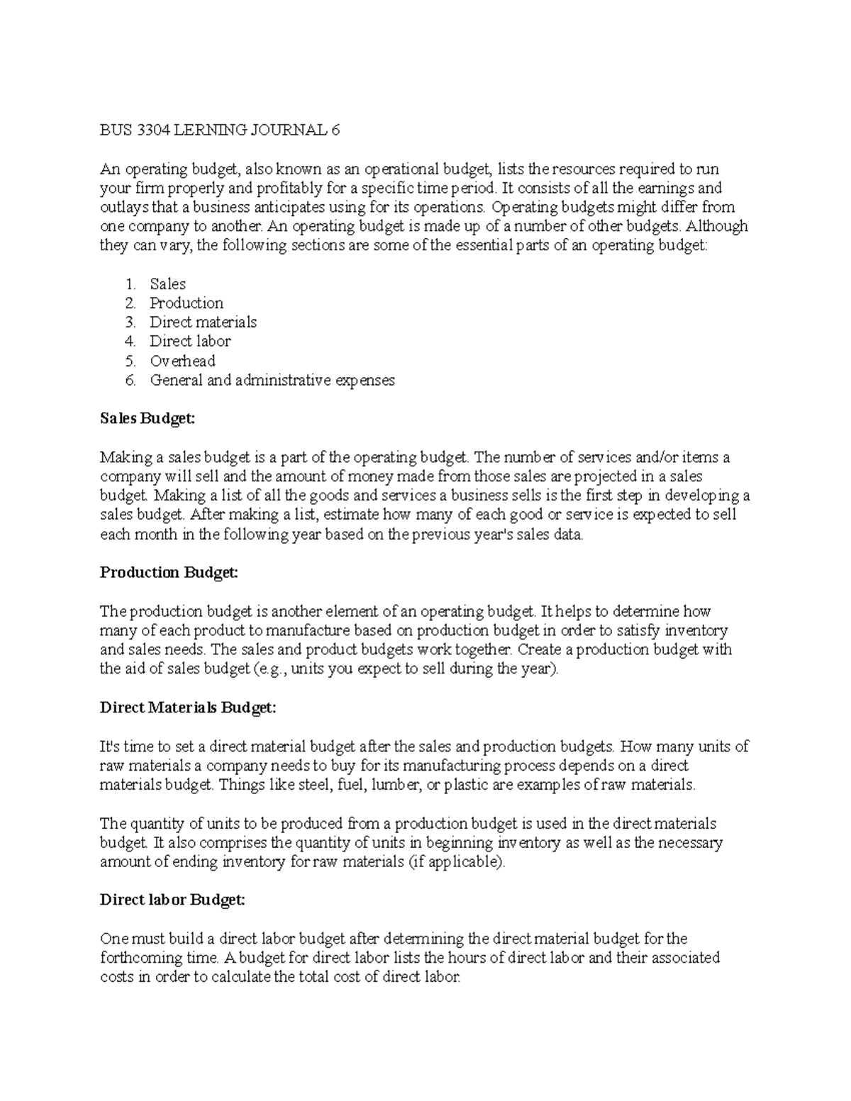 BUS 3304 Lerning Journal 6 - BUS 3304 LERNING JOURNAL 6 An operating ...