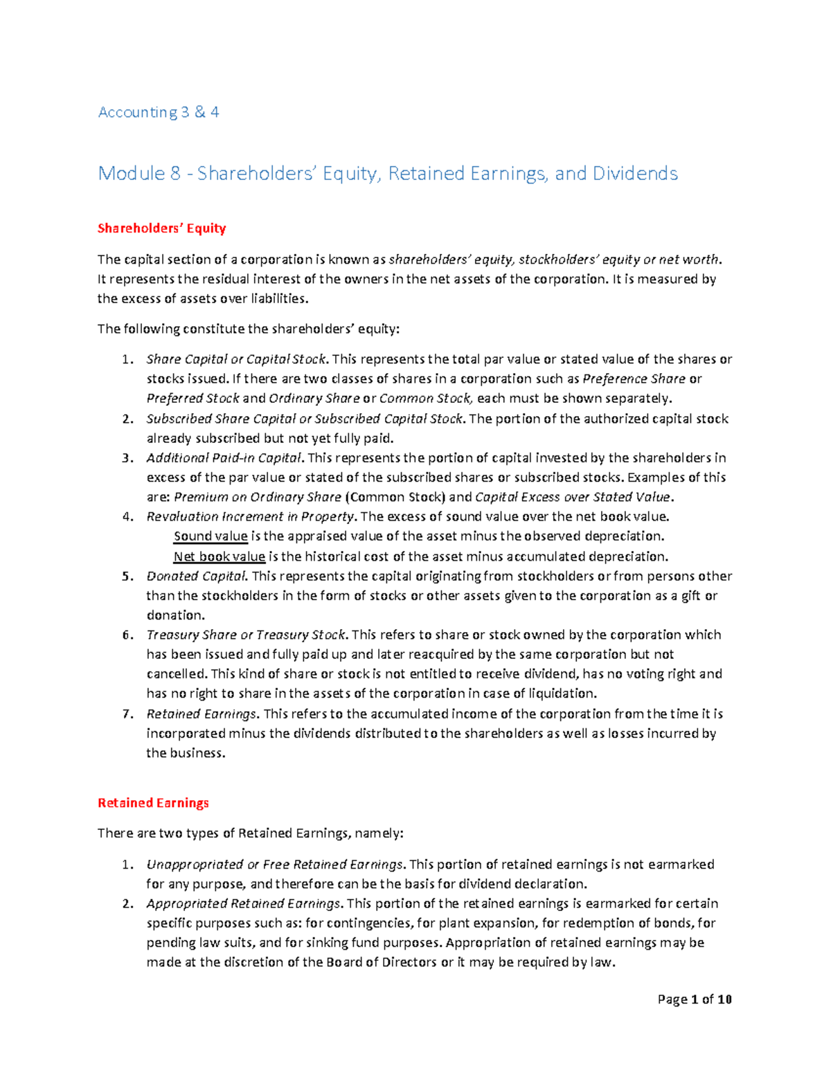 Equity, Retained Earnings, Dividends - Accounting 3 & 4 Module 8 - Shareholders’ Equity, - Studocu