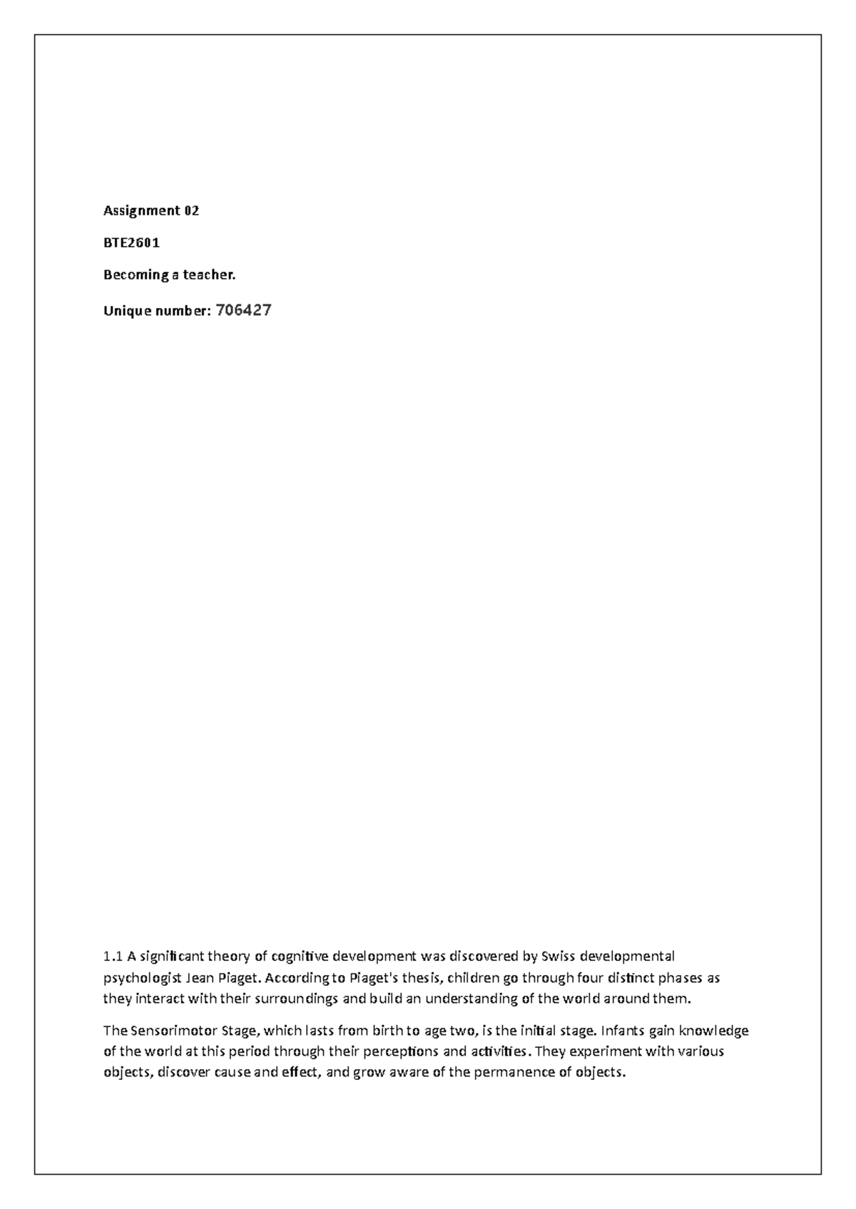 Bte 2601 - Assignment 02 BTE Becoming a teacher. Unique number: 706427 ...