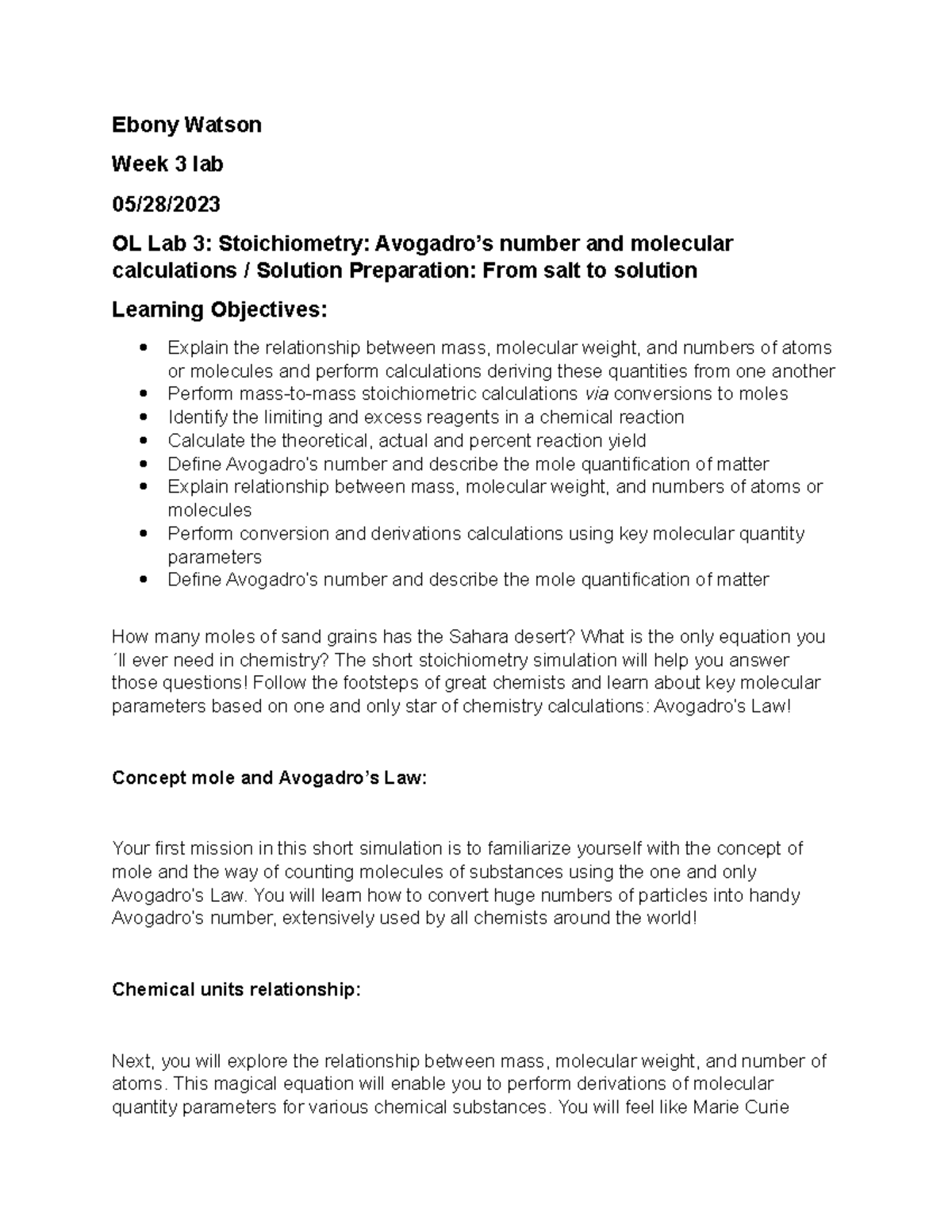 On Line Lab Week 3 Stoichiometry chem - Ebony Watson Week 3 lab 05/28/ OL Lab 3: Stoichiometry ...