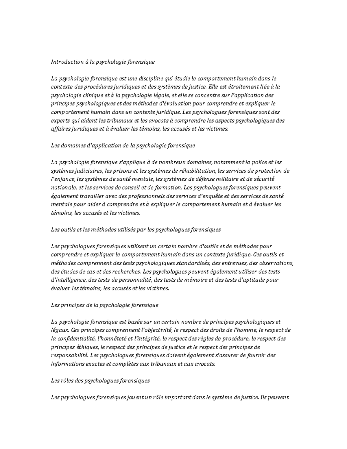 Forensic Psychology notes de lecture - Introduction à la psychologie ...