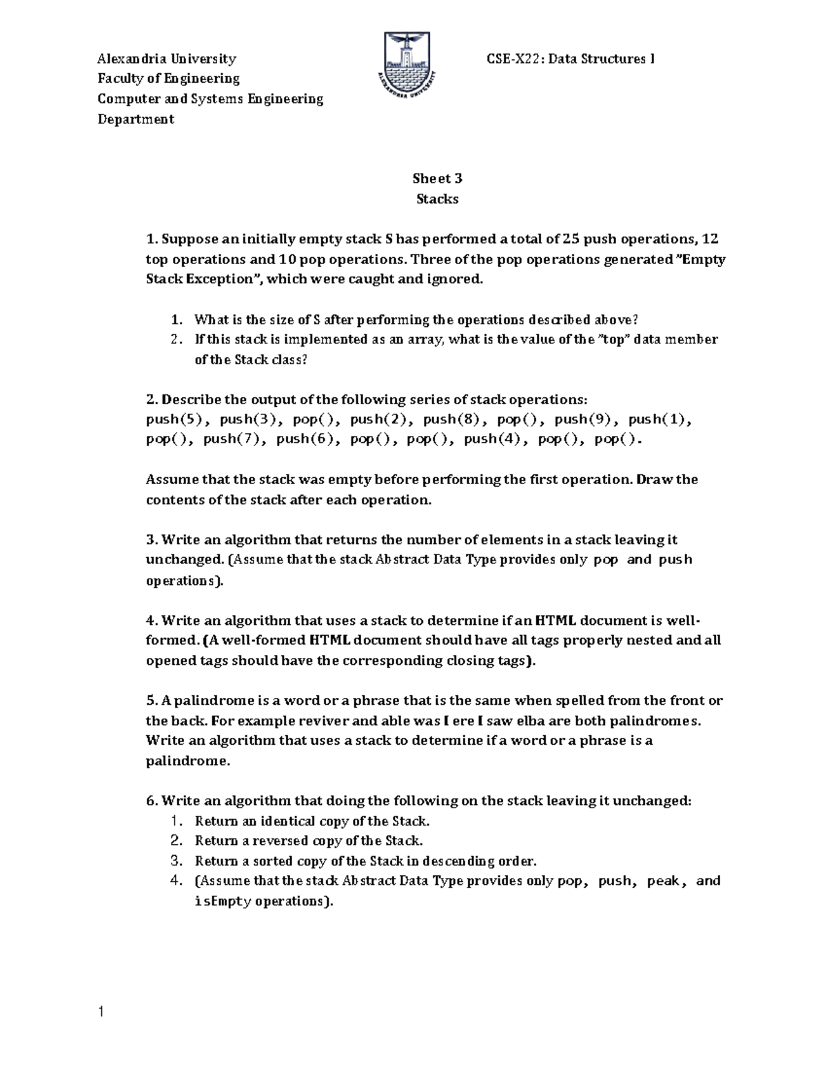 2021-Data Structures Sheet 3 - Alexandria University CSE-X22: Data ...