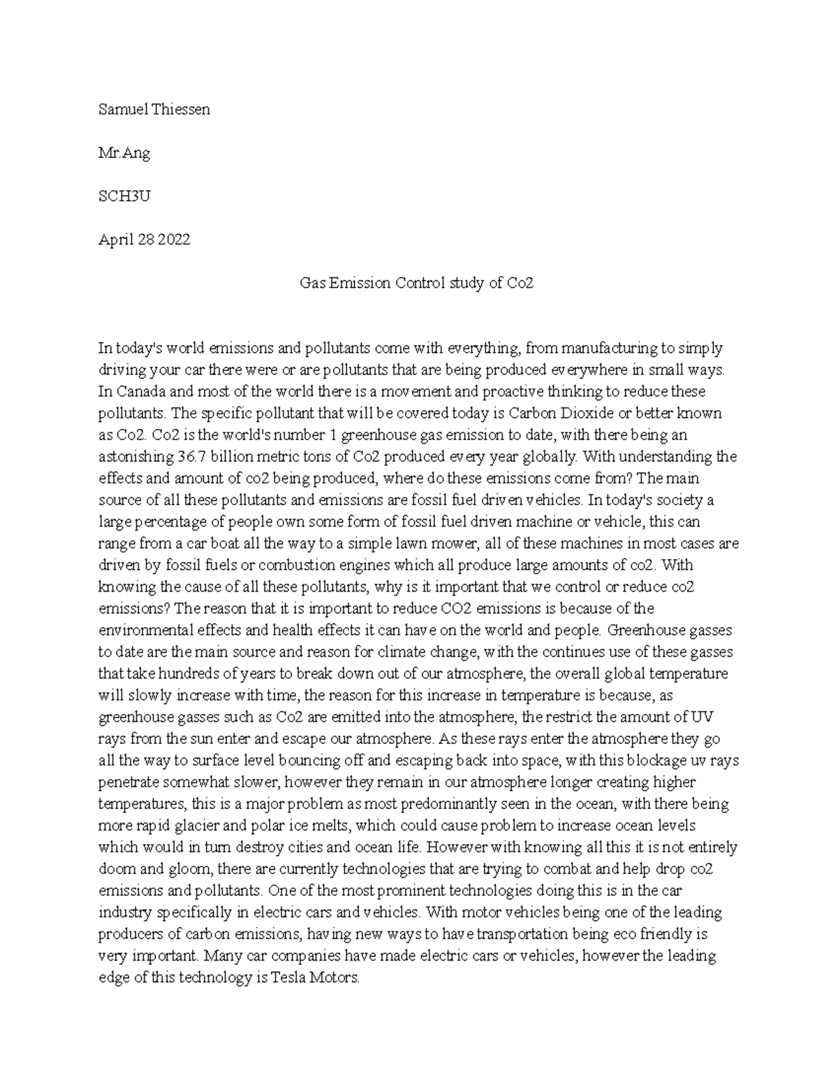 Gas Emission Control study of Co2 - Samuel Thiessen Mr SCH3U April 28 ...