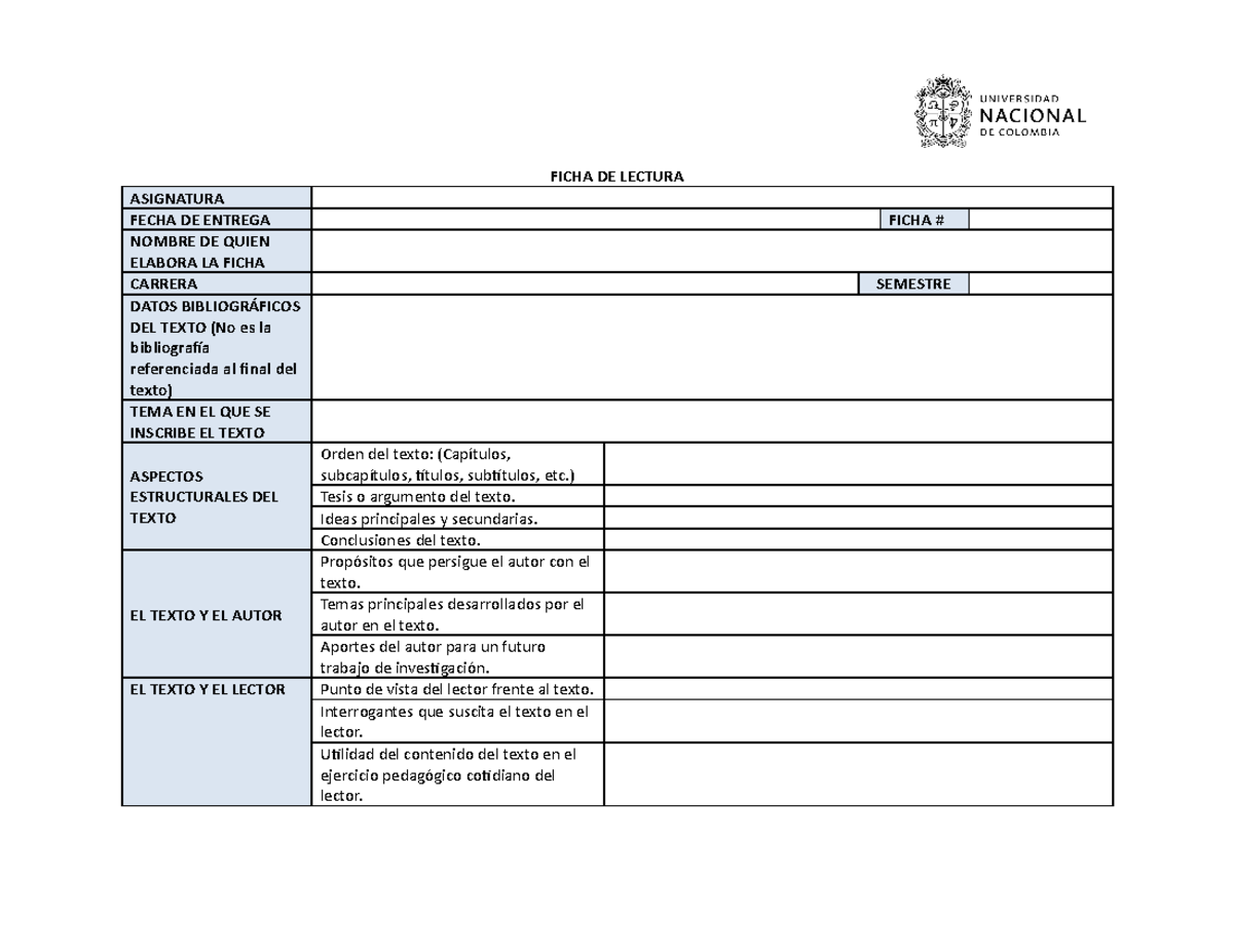 Formato ficha de lectura - FICHA DE LECTURA ASIGNATURA FECHA DE ENTREGA FICHA NOMBRE DE QUIEN ...