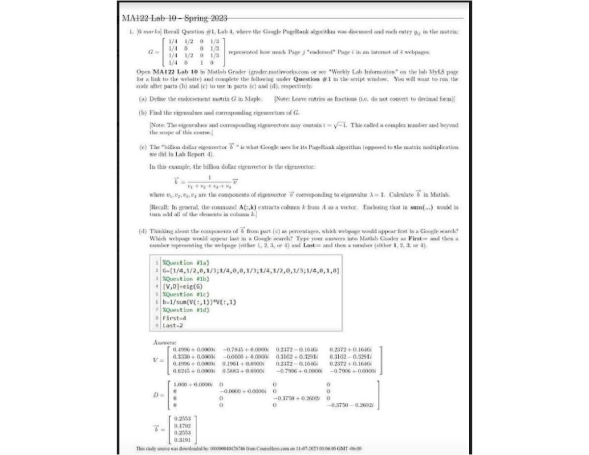 122 lab 10 front page - MA122 - Studocu