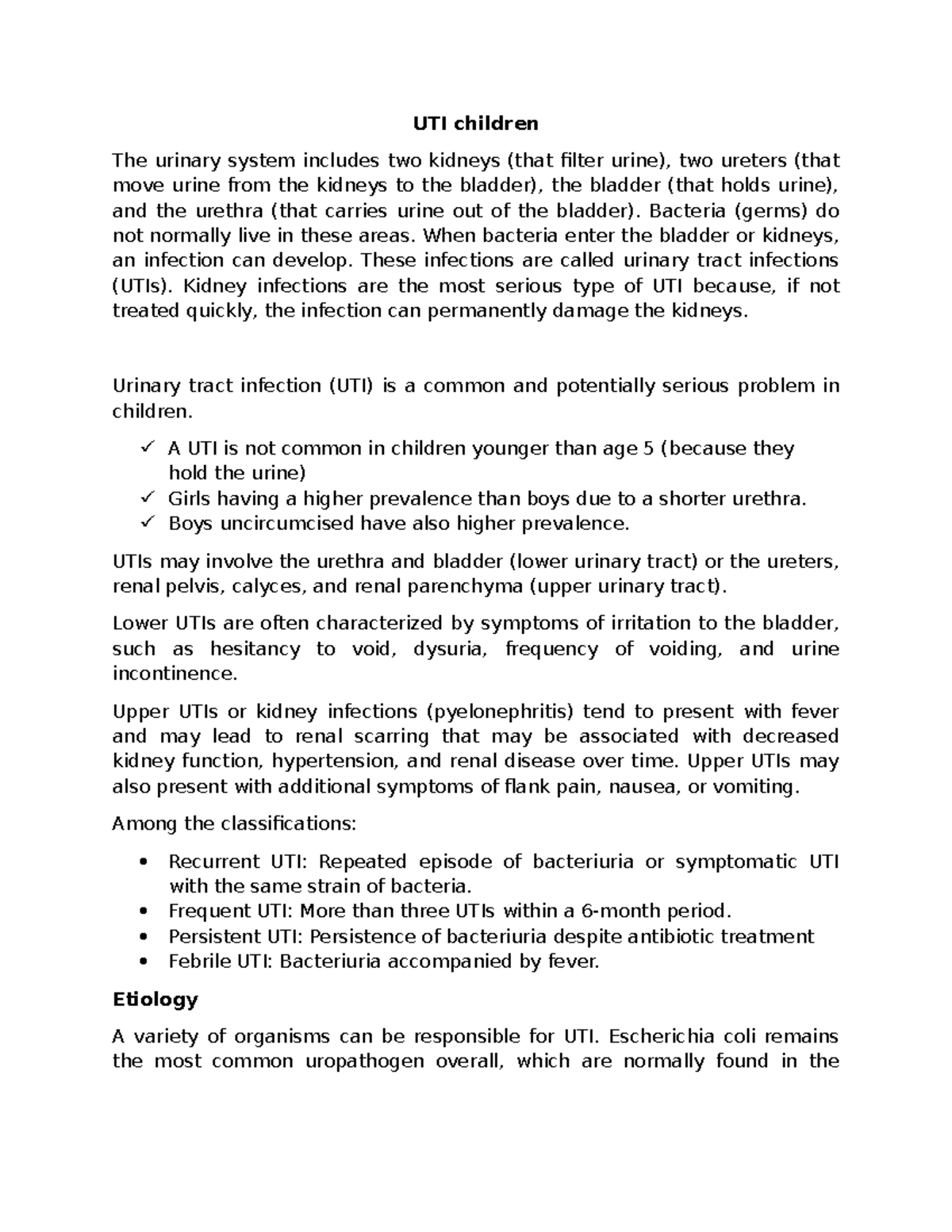 UTI Pediatrics - UTI children The urinary system includes two kidneys ...