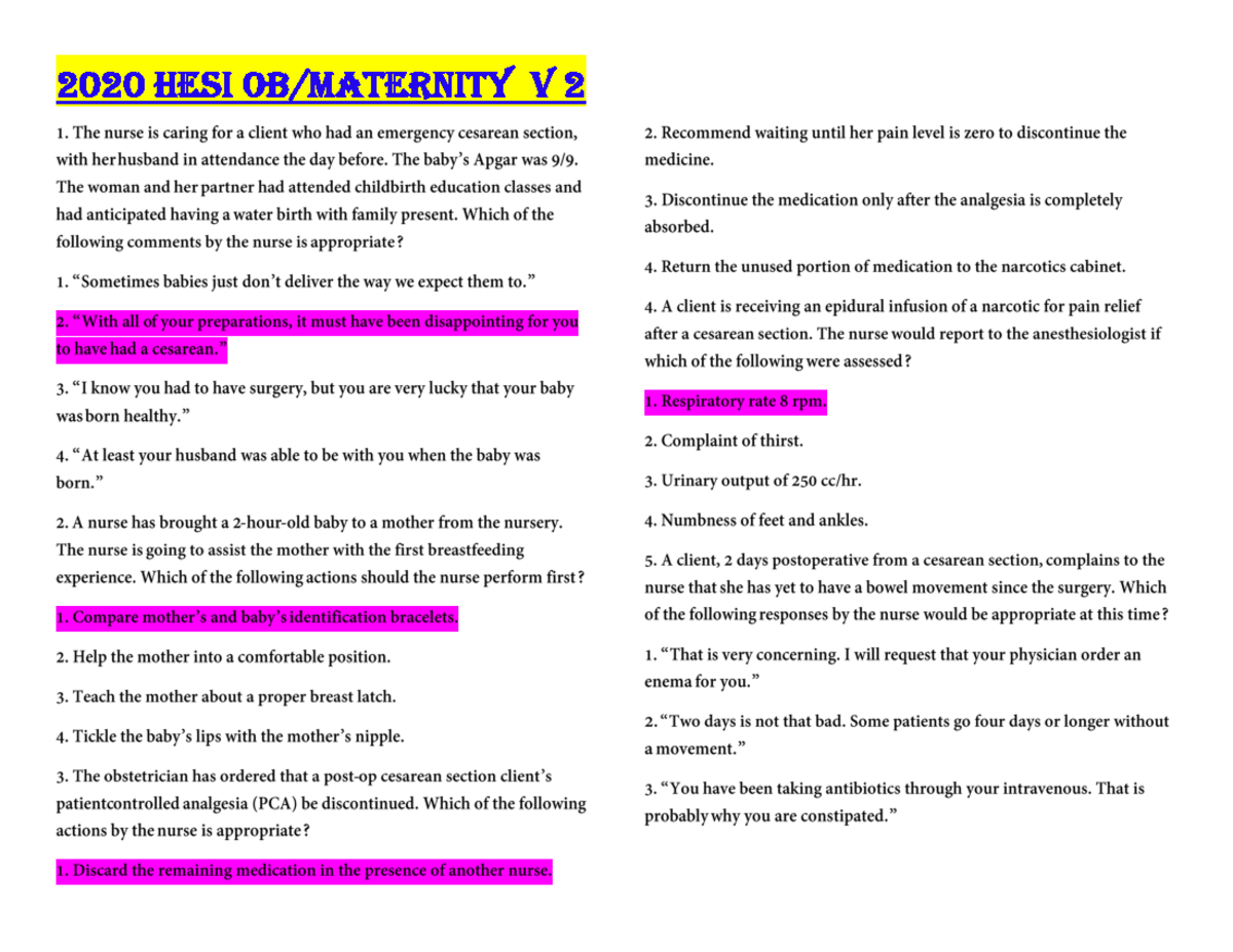 2020 Hesiobmaternityv 2 - NURS 03403 - 2020 hesi ob/maternity v - Studocu