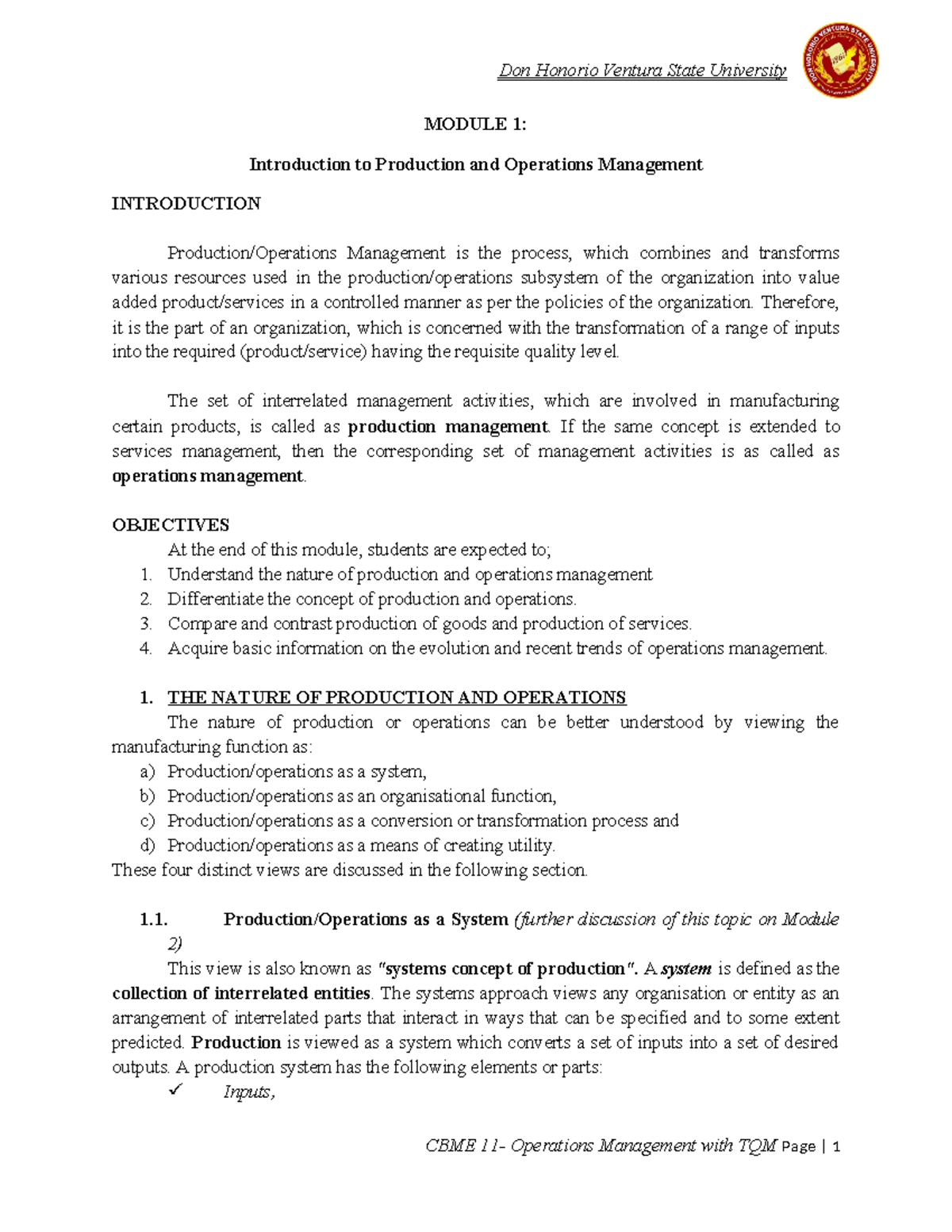 Module 1 OM TQM - notes - MODULE 1: Introduction to Production and ...