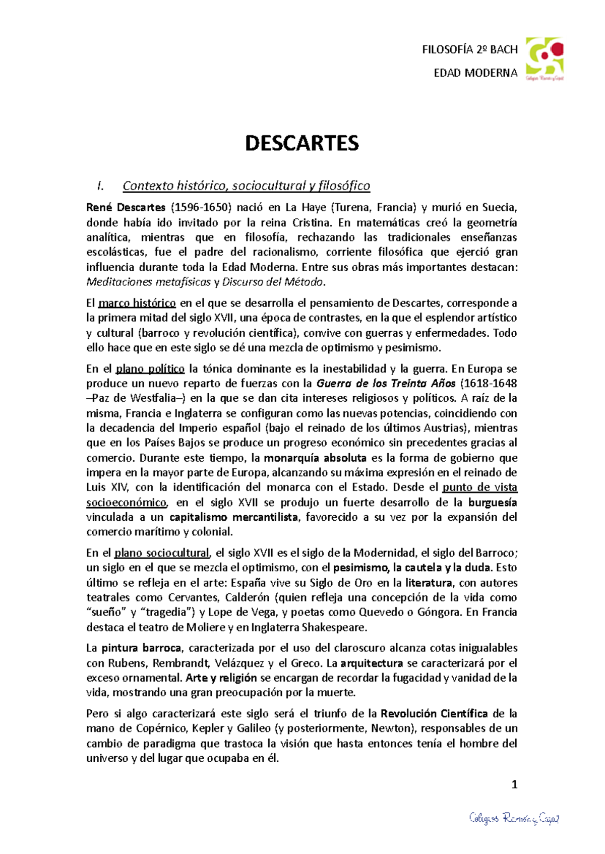Descartes - Apuntes - FILOSOFÍA 2º BACH EDAD MODERNA DESCARTES I ...