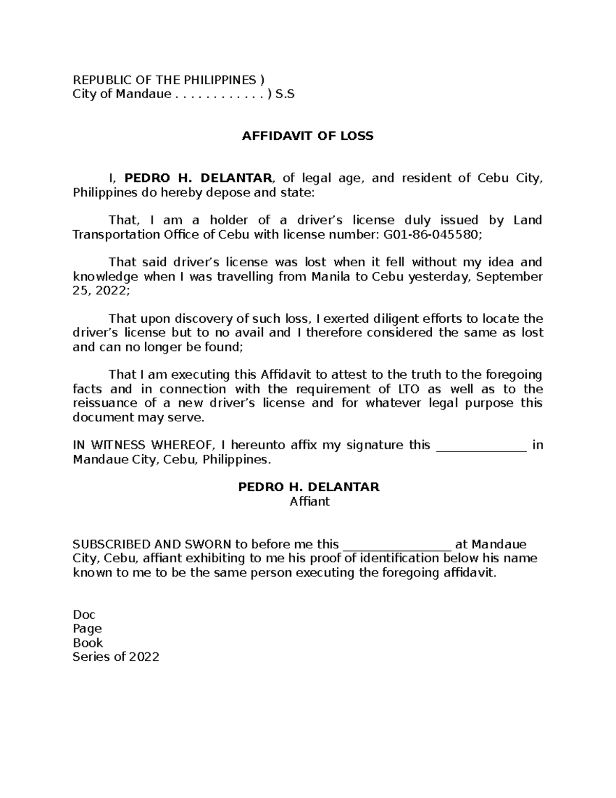 Affidavit of Loss License Delantar - REPUBLIC OF THE PHILIPPINES ) City ...
