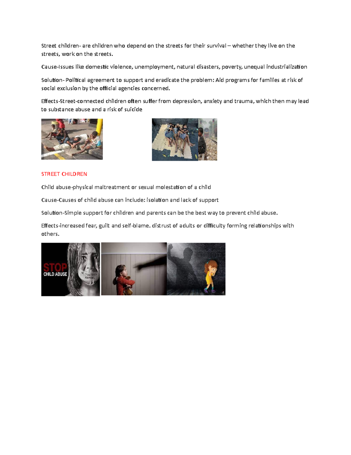 Street children - Lecture notes 1 - Street children- are children who ...