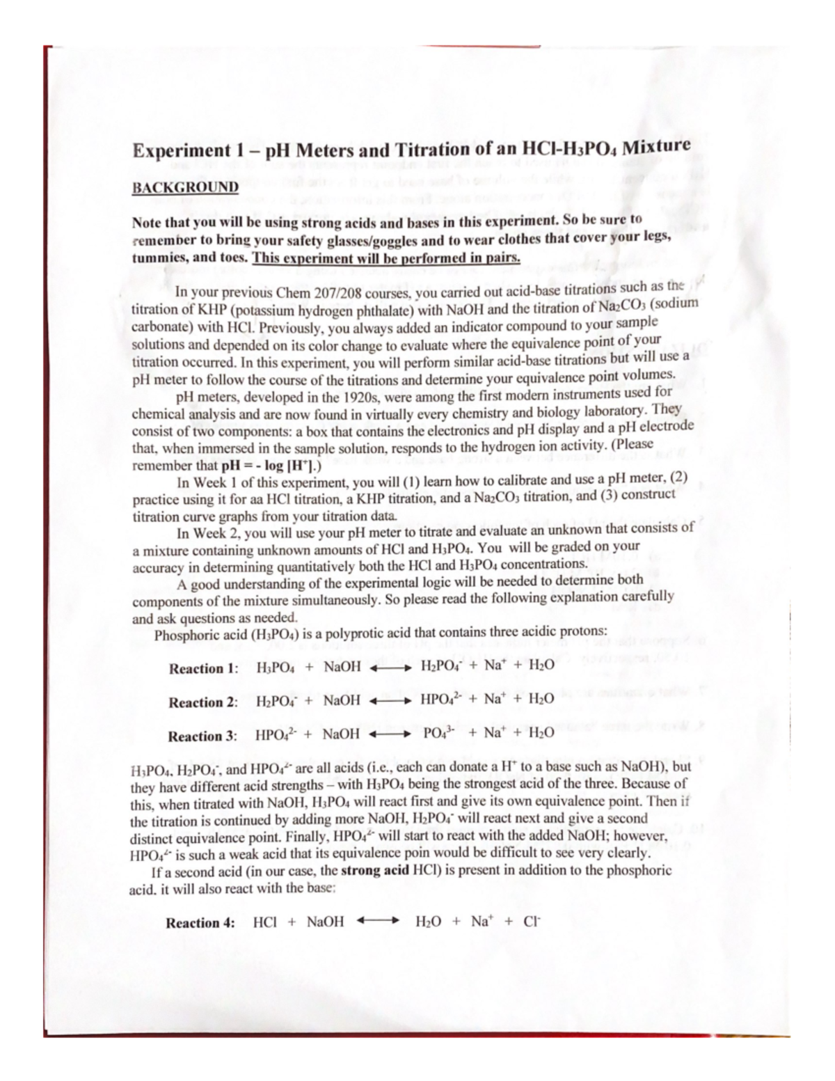 Experiment 1 - p H Meters and Titration of an HCI-H3POs Mixture - CHEM ...