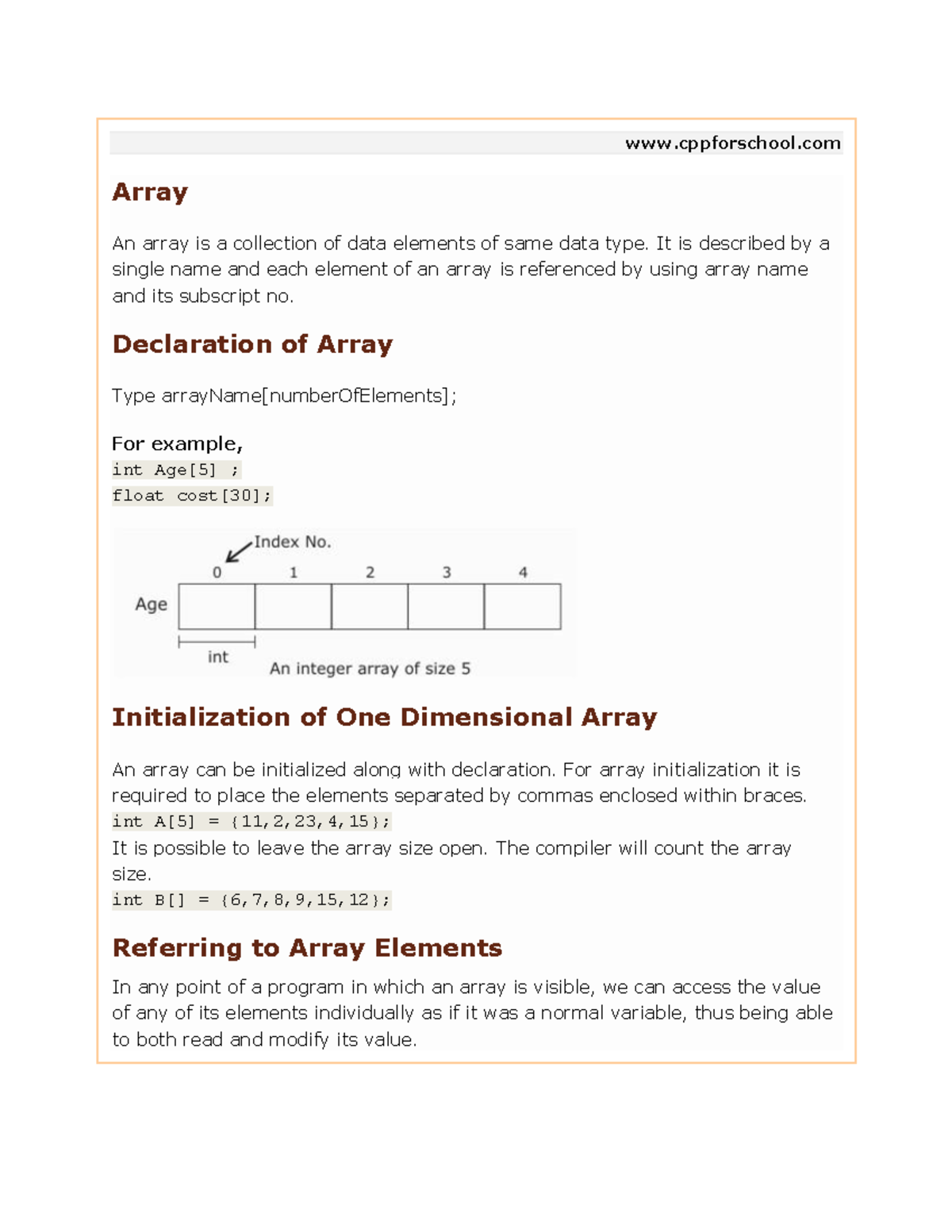 Chapter 12 Array Single Dimension Cppforschool Array An Array Is A Collection Of Data Elements