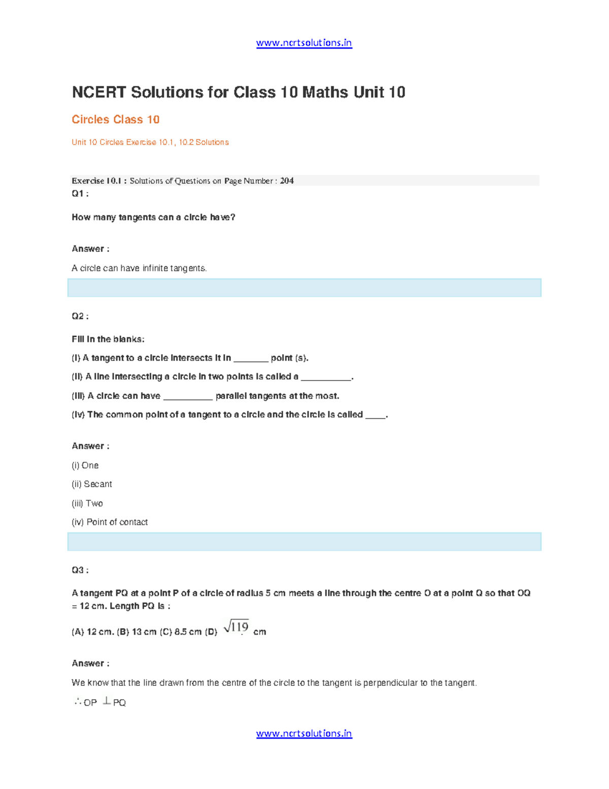 Chapter 10 circles - NCERT Solutions for Class 10 Maths Unit 10 Circles ...