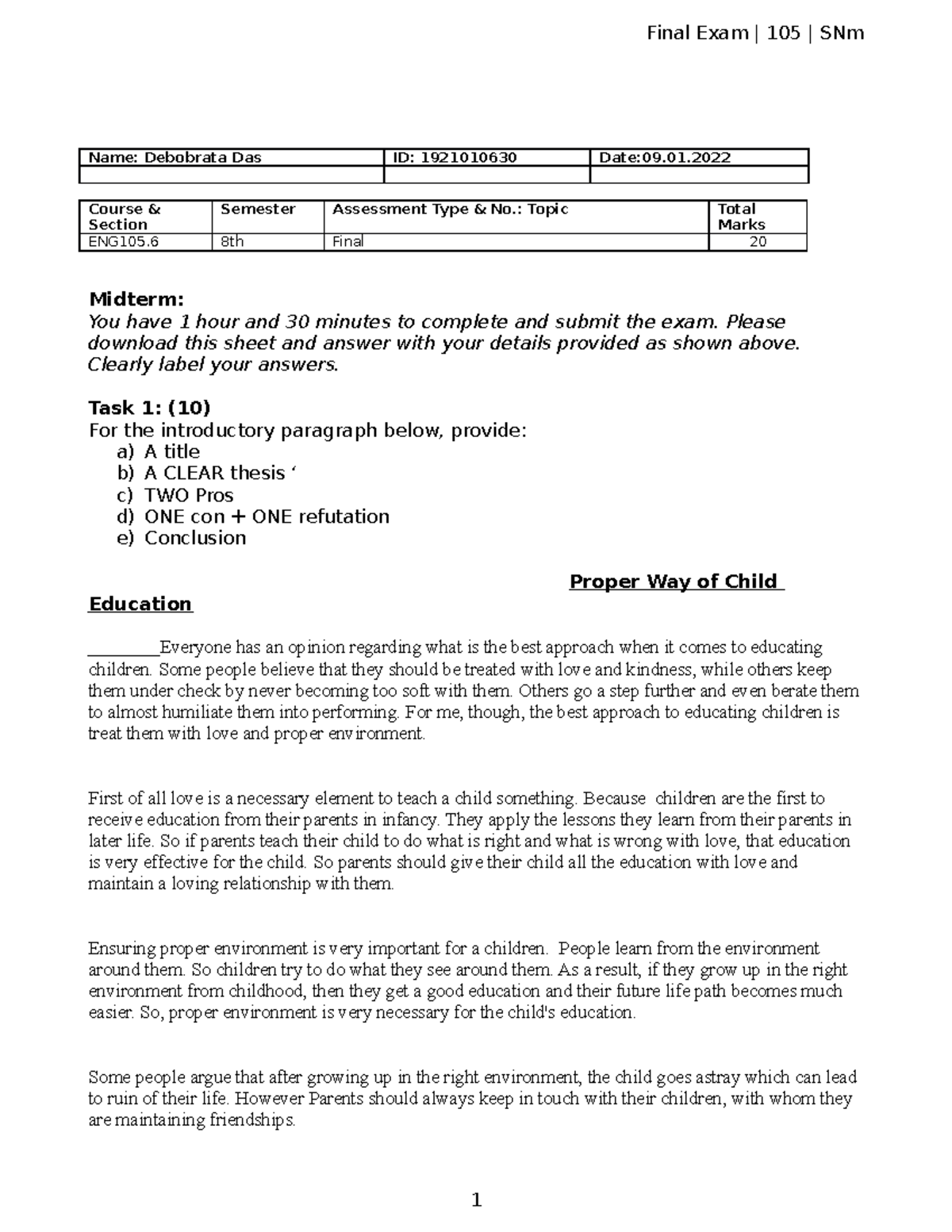 1.-105 - English Essays - Final Exam | 105 | SNm Name: Debobrata Das ID ...
