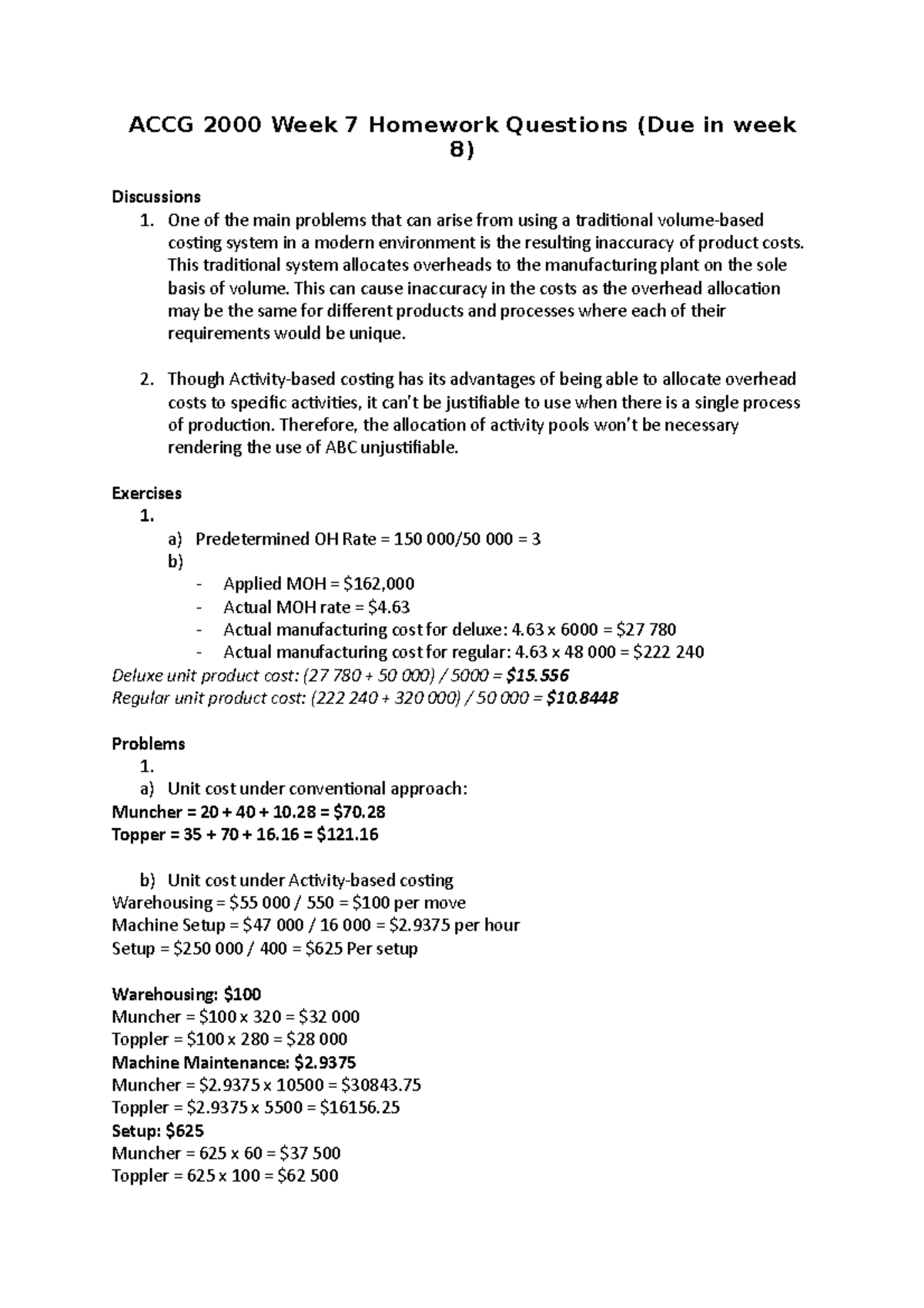 ACCG 2000 Week 7 Homework Question Solutions - ACCG 2000 Week 7 Homework Questions (Due in week ...